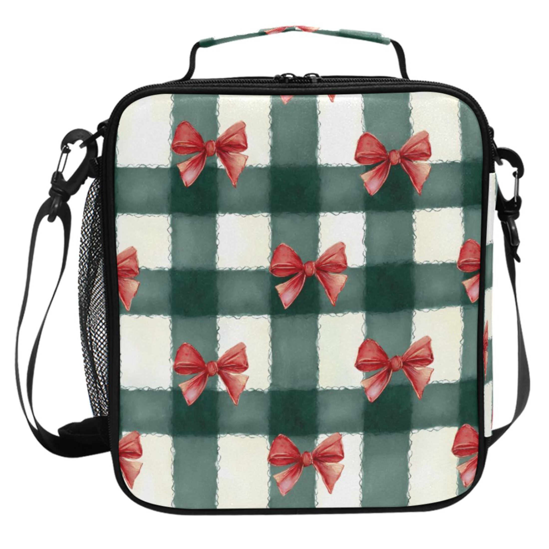 ALAZA Bows Checkered Christmas Lunch Box Insulated Cooler Lunch Bag ...
