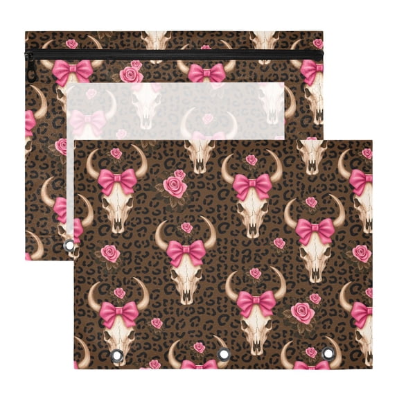 ALAZA Bows Cow Skull Leopard Pattern Pencil Pouch 3 Ring Binder with ...