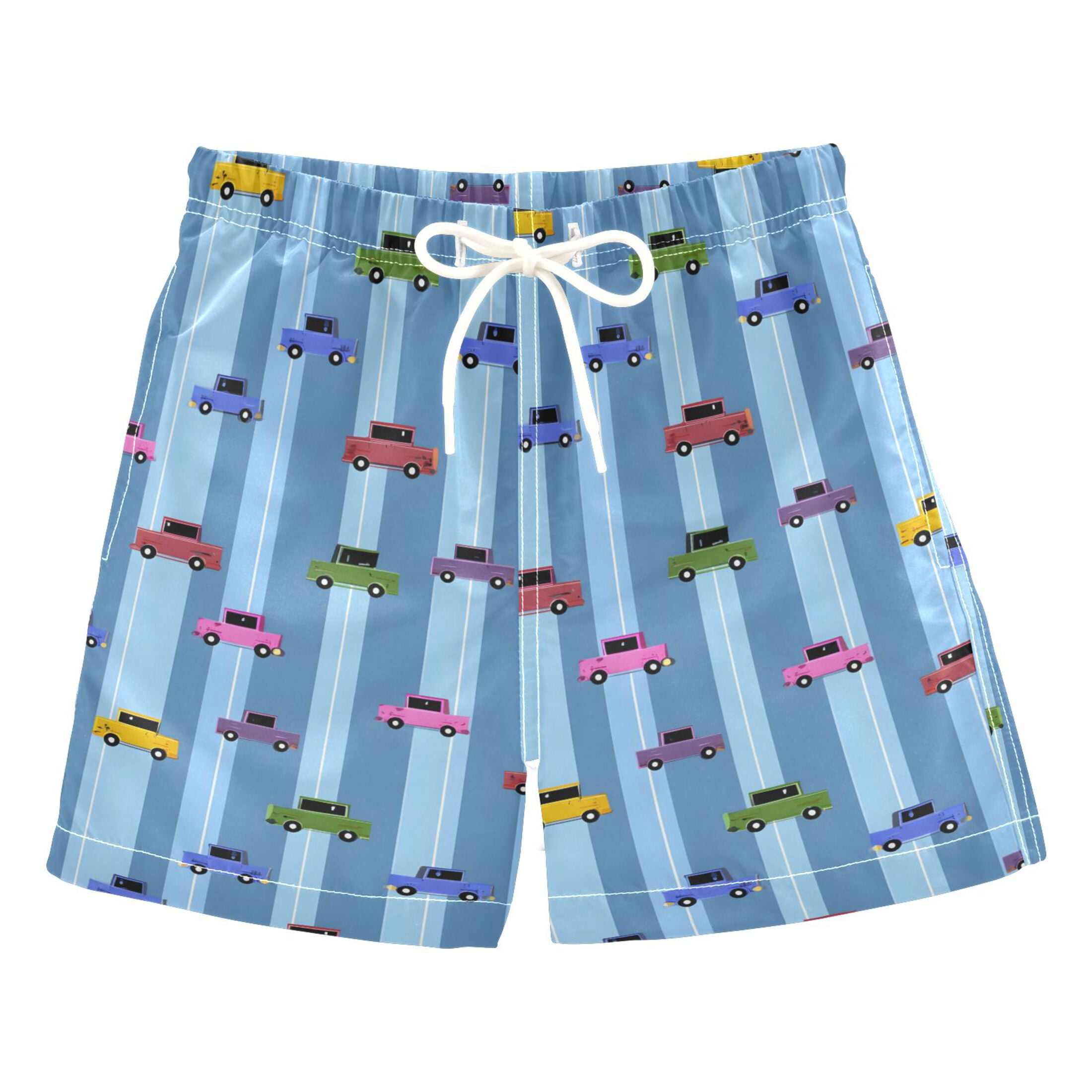 ALAZA Boys Swim Trunks Cartoon Cars on Stripes Beach Board Shorts ...