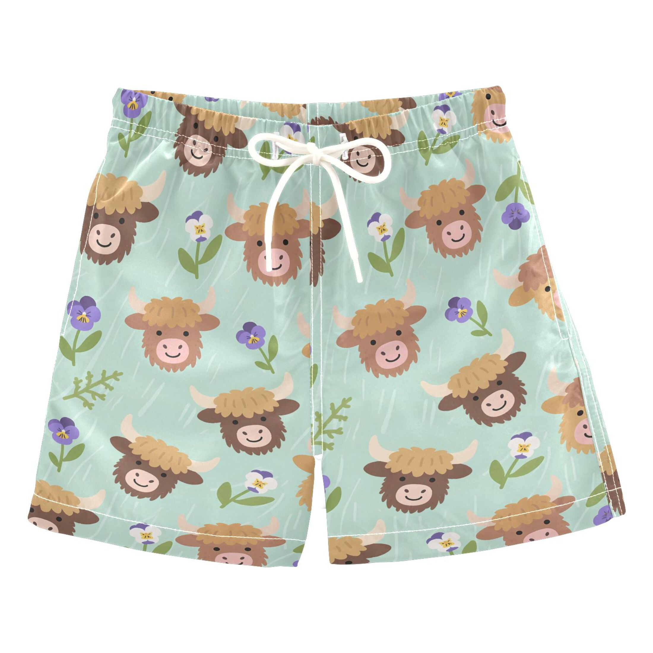 ALAZA Boys Swim Trunks Cartoon Highland Cattle Flowers Beach Board ...