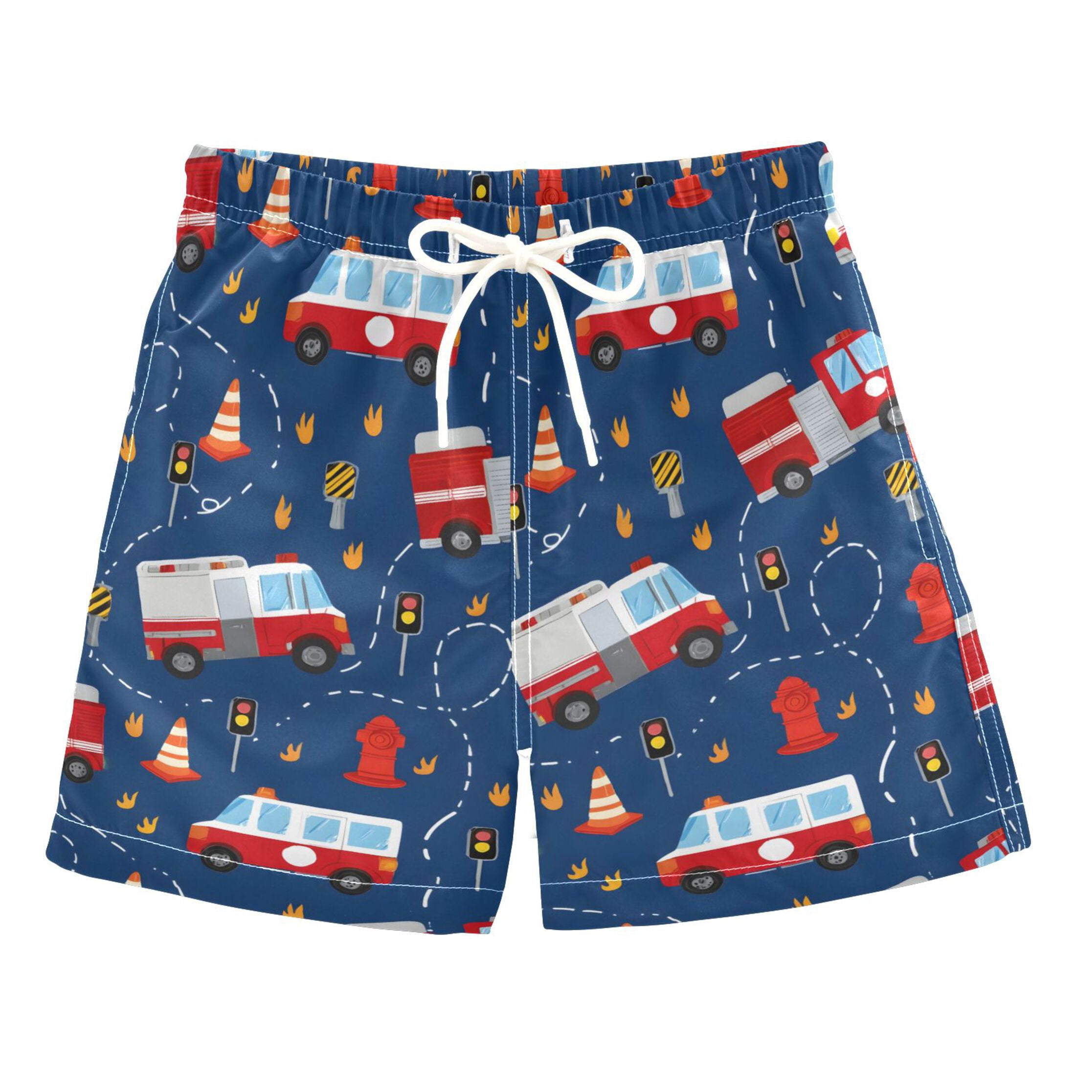 ALAZA Boys Swim Trunks Fire Trucks Cartoon Beach Board Shorts Swimsuit ...