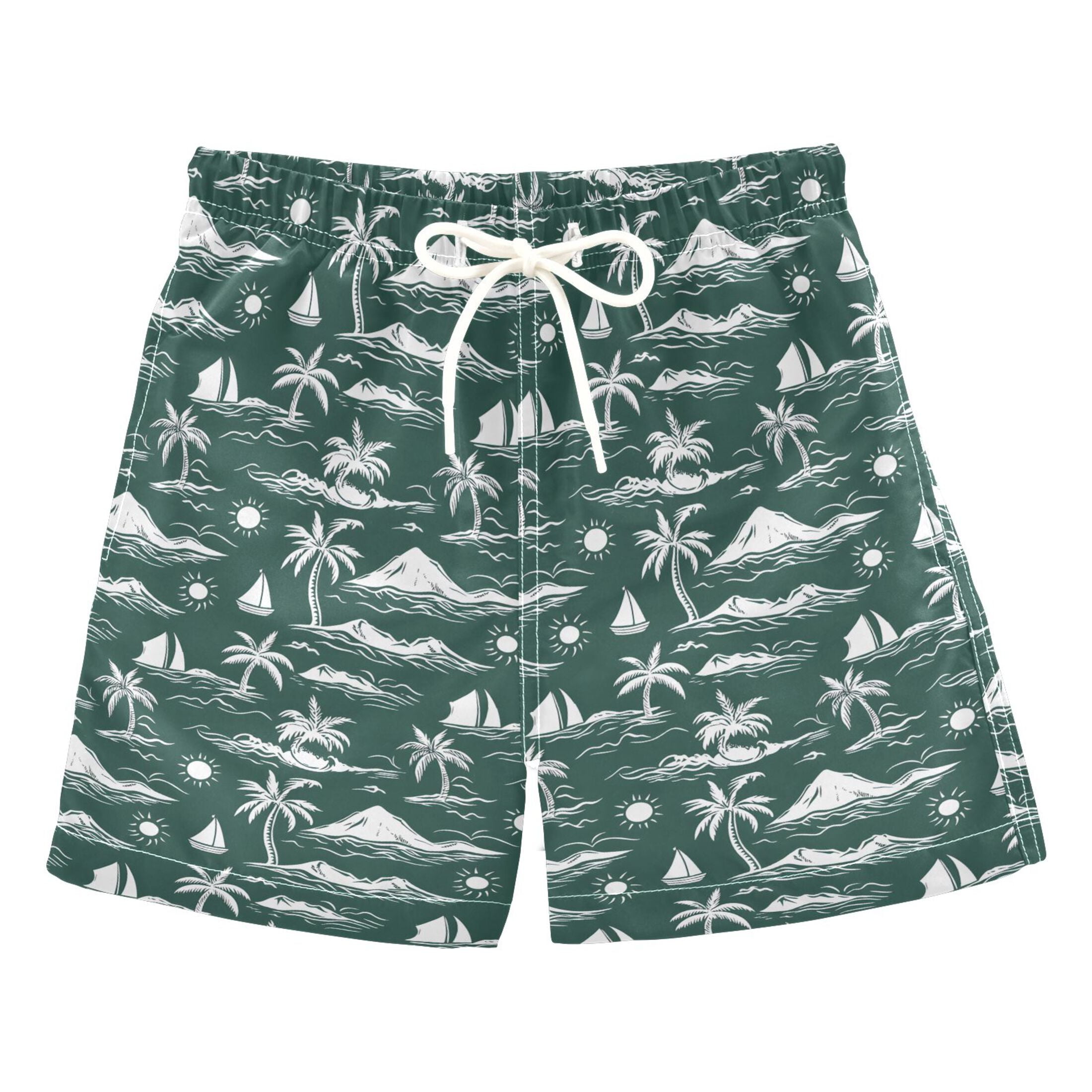 ALAZA Boys Swim Trunks Green Palm Tree Sailboat Sun Pattern Beach Board ...