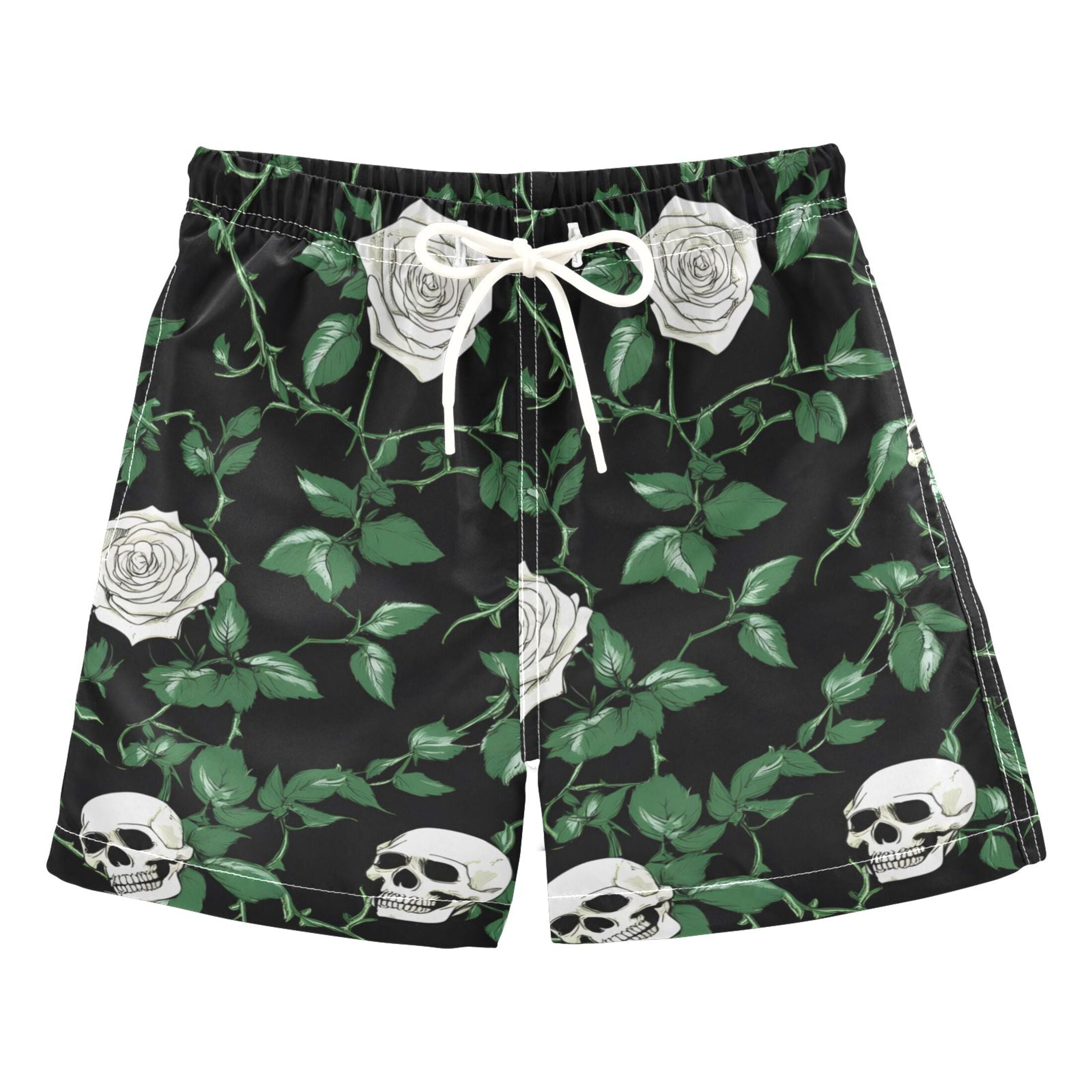 ALAZA Boys Swim Trunks Skull Roses Leaf Beach Board Shorts Drawstring ...