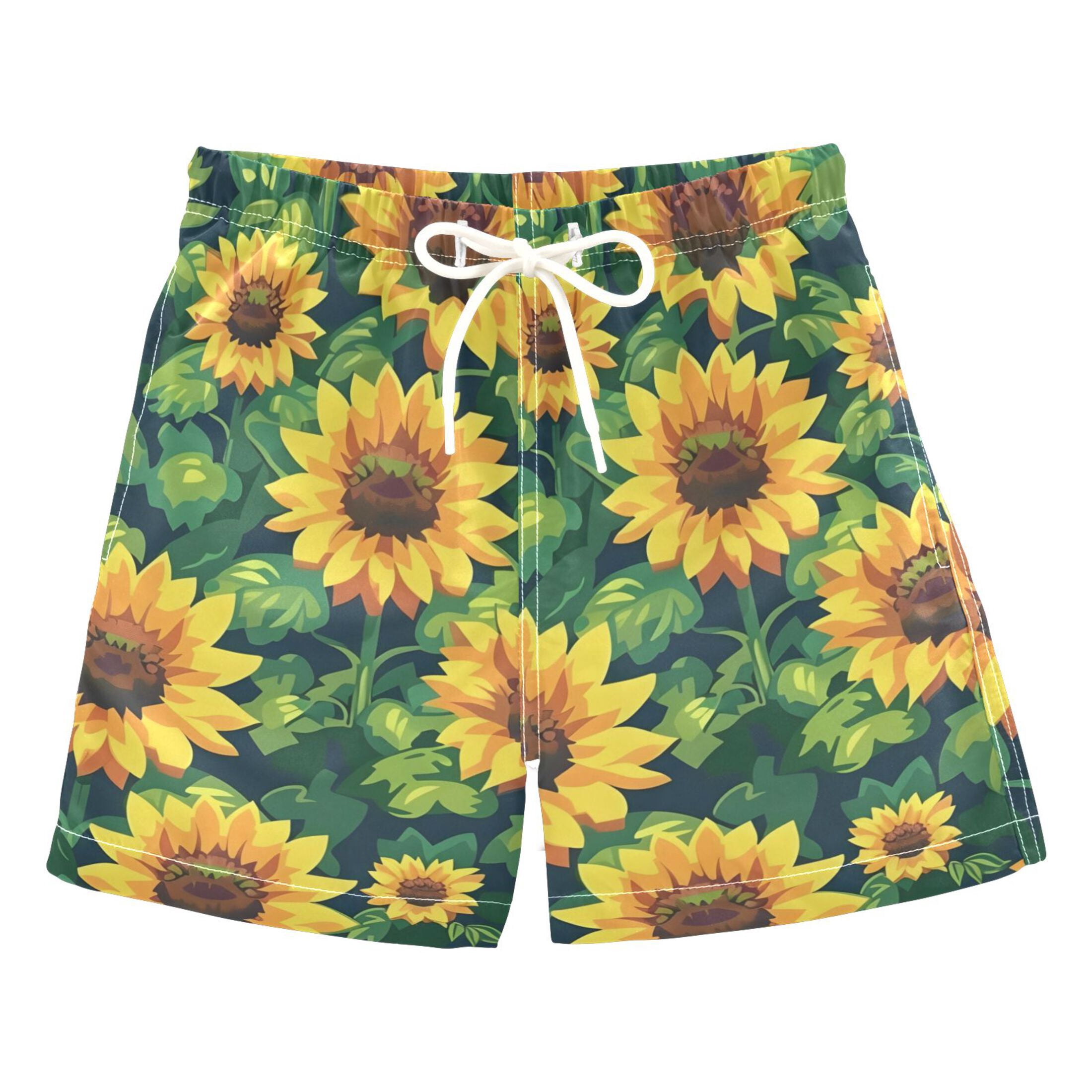 ALAZA Boys Swim Trunks Summer Sunflower and Leaves Beach Board Shorts ...