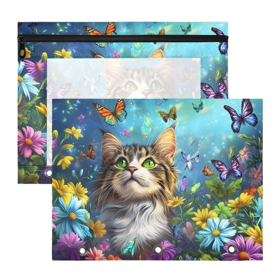 ALAZA Cat in Butterfly Flowers Pattern Pencil Pouch 3 Ring Binder with ...