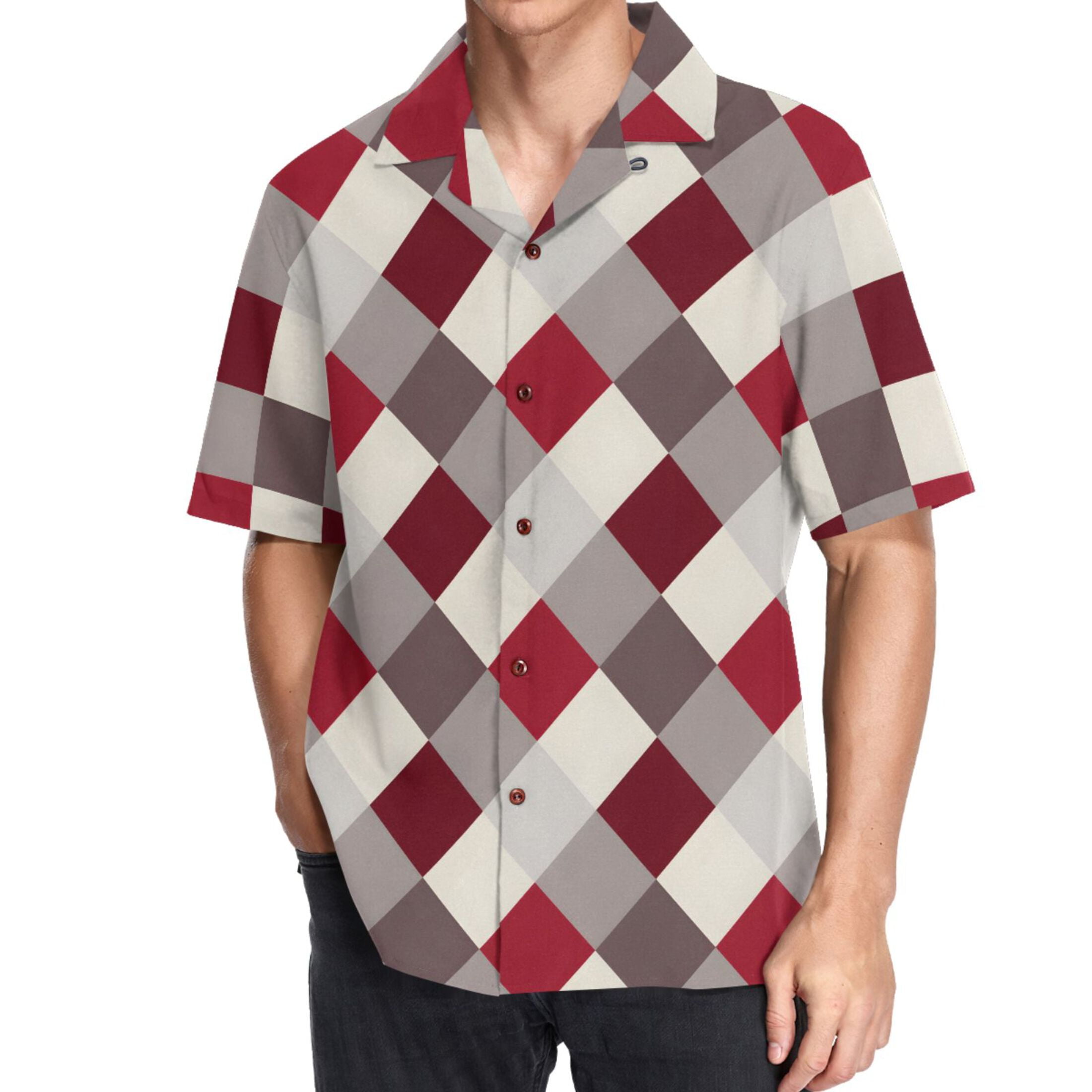 ALAZA Checkered Grid Pattern Men's Hawaiian Shirt Short Sleeve Casual ...