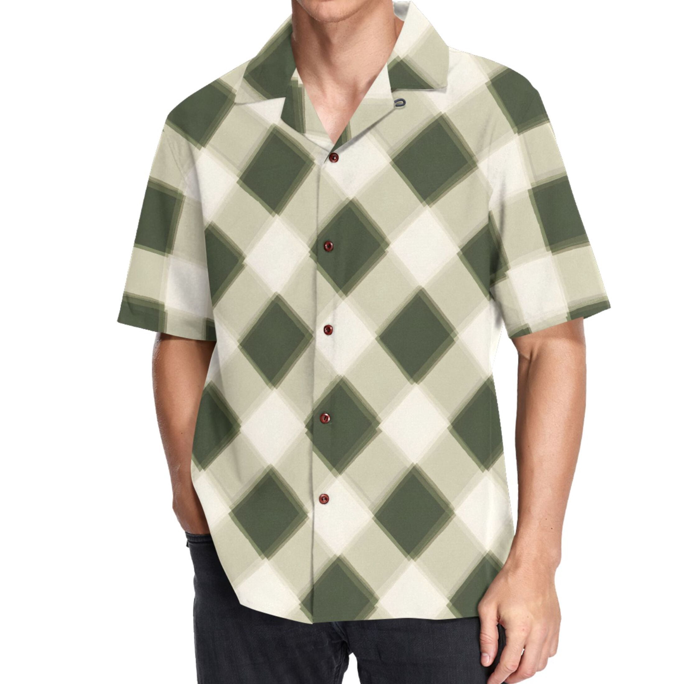 ALAZA Checkered Grid-d6 Men's Hawaiian Shirt Short Sleeve Casual Button ...