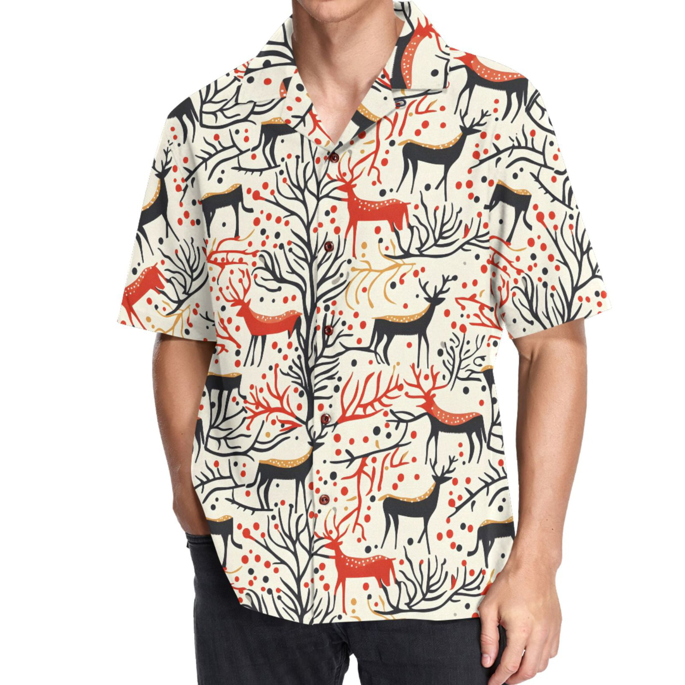 ALAZA Christmas Reindeer Trees Men's Hawaiian Shirt Short Sleeve Casual ...