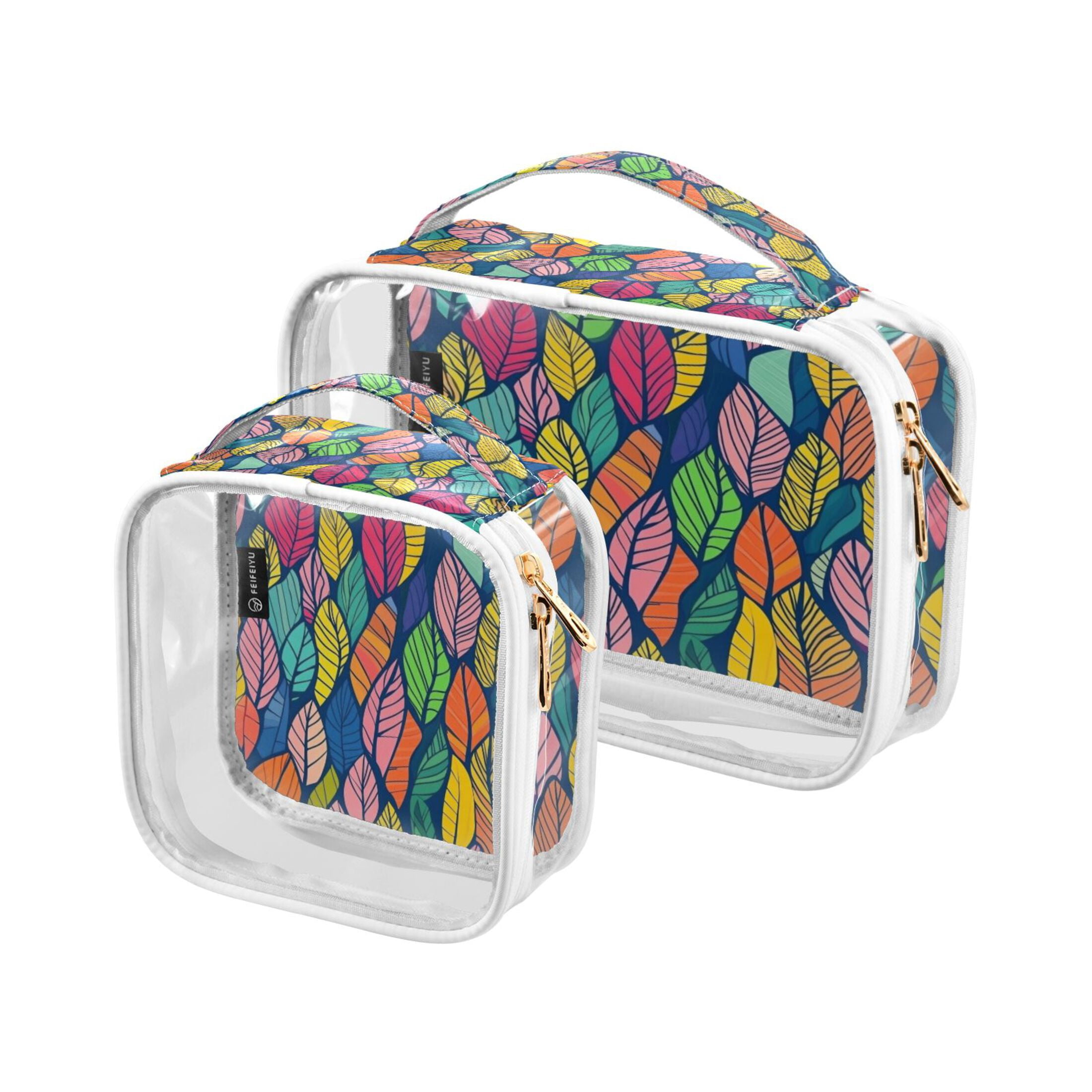 ALAZA Clear Cosmetic Bag Colorful Leaves Makeup Bags 2 Pcs Toiletry ...