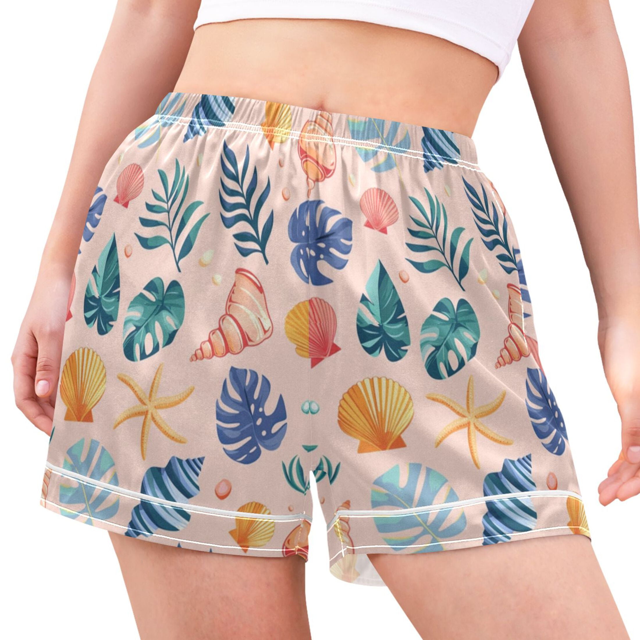 ALAZA Conch and Palm Leaves Women's Pajama Lounge Shorts Bottoms Sleep ...