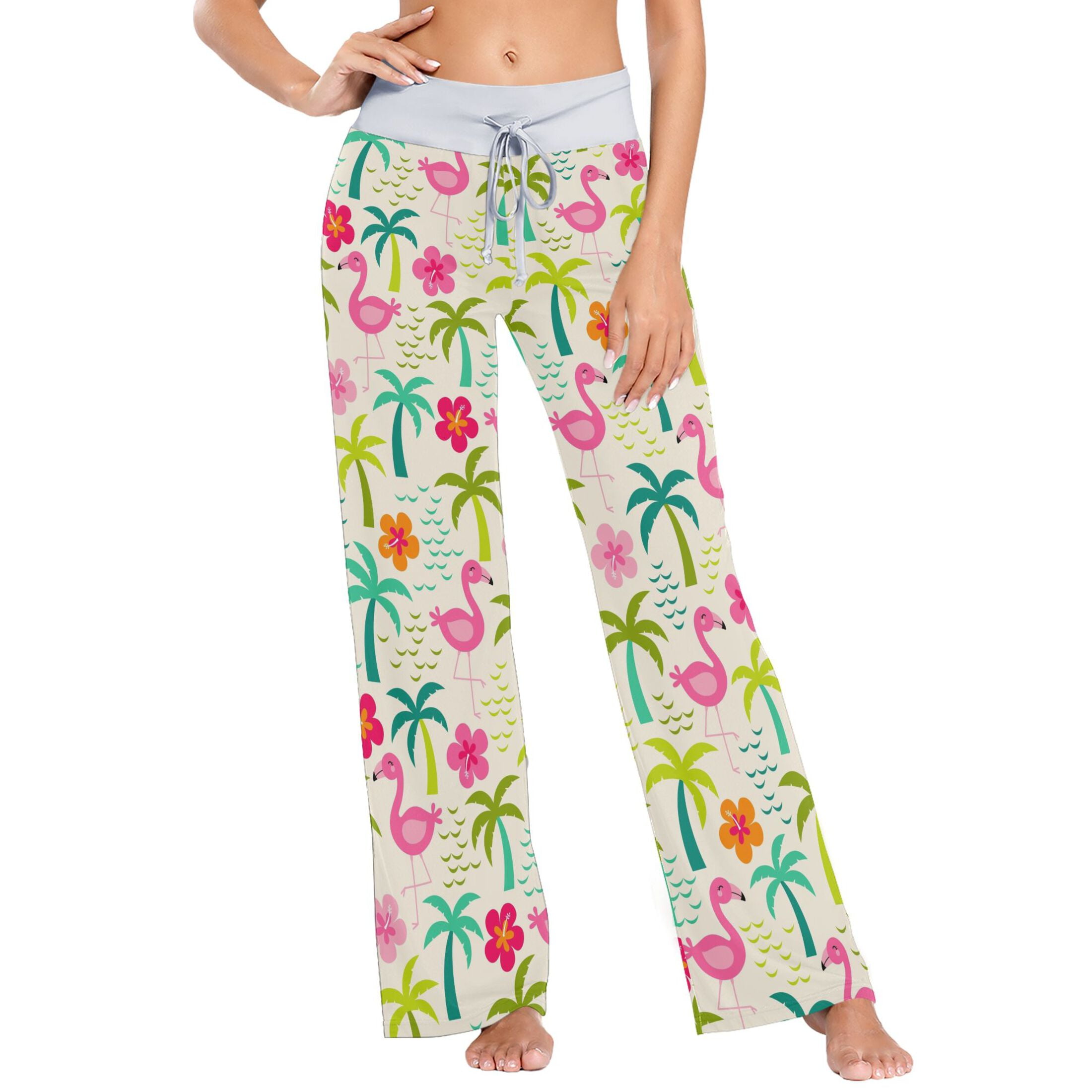 ALAZA Cute Flamingo Palm Tree Women's Comfy Pajama Pants Sleepwear Wide ...