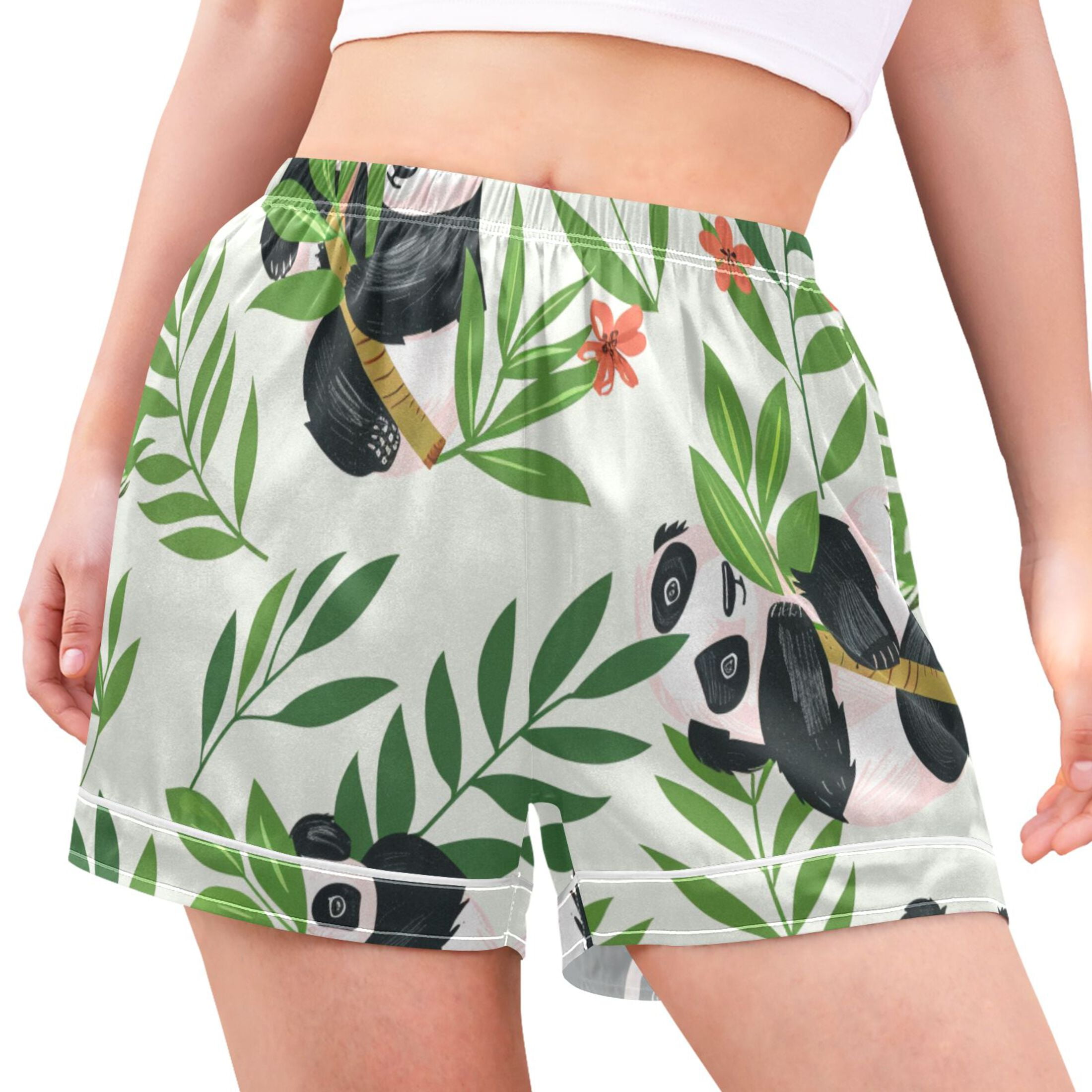 ALAZA Cute Panda Leaves Floral Women's Pajama Lounge Shorts Bottoms ...
