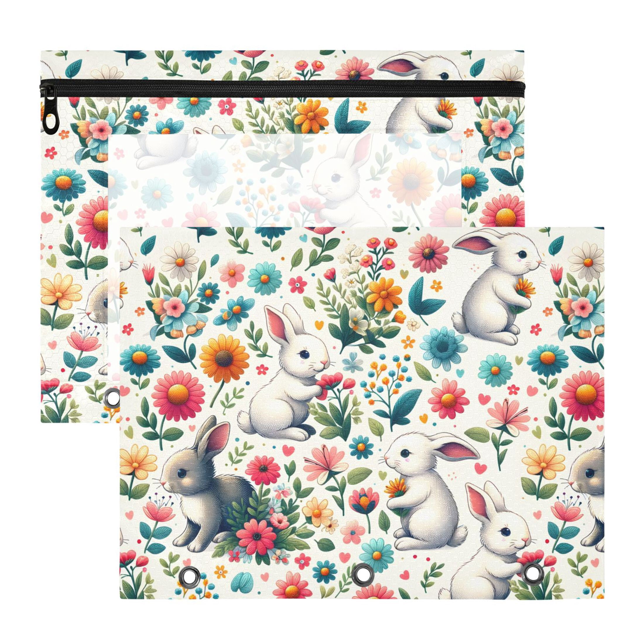 ALAZA Cute Rabbit in Floral Pattern Pencil Pouch 3 Ring Binder with ...