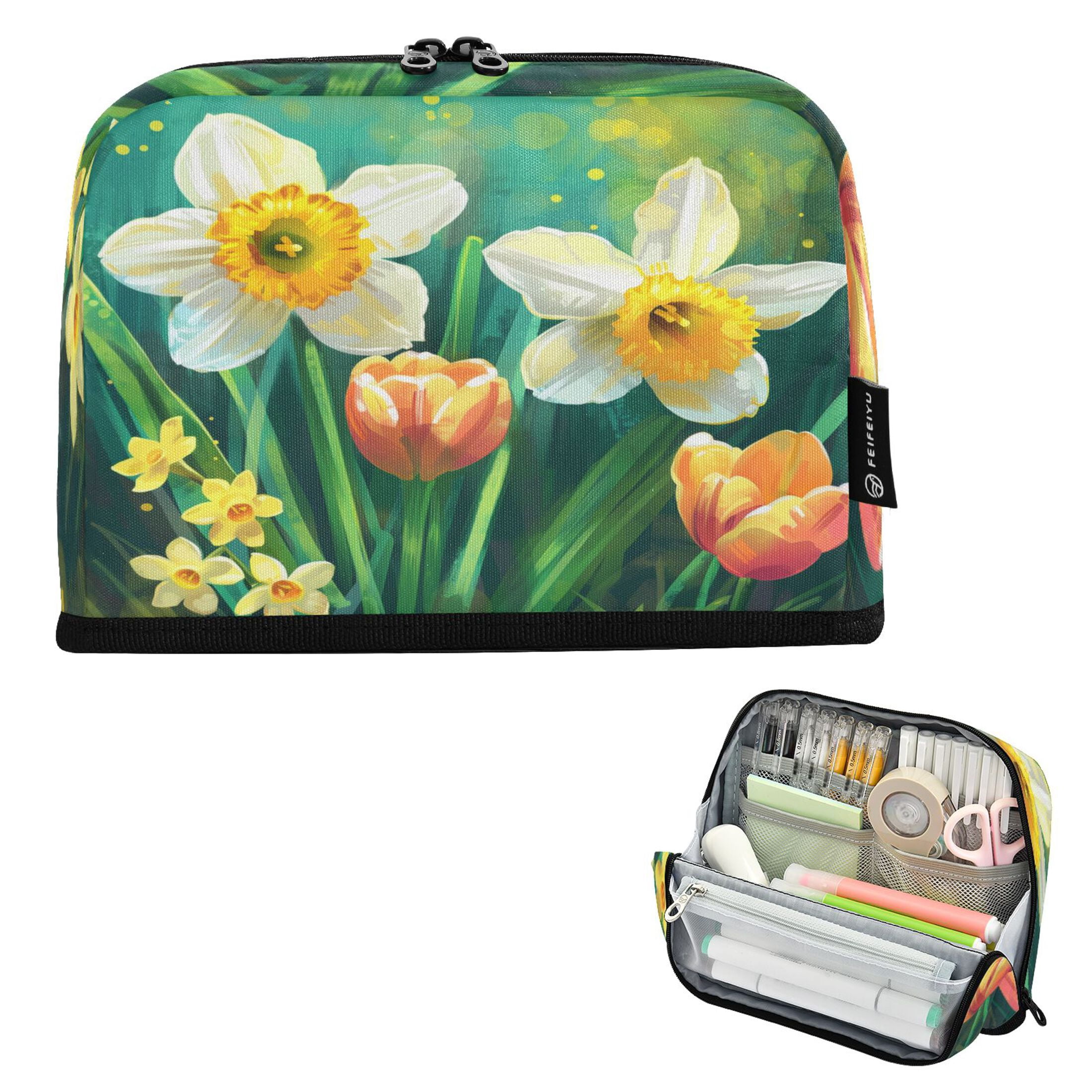 ALAZA Daffodils Tulips Flowers Leaves Pencil Case Pen Pouch Bag Large ...
