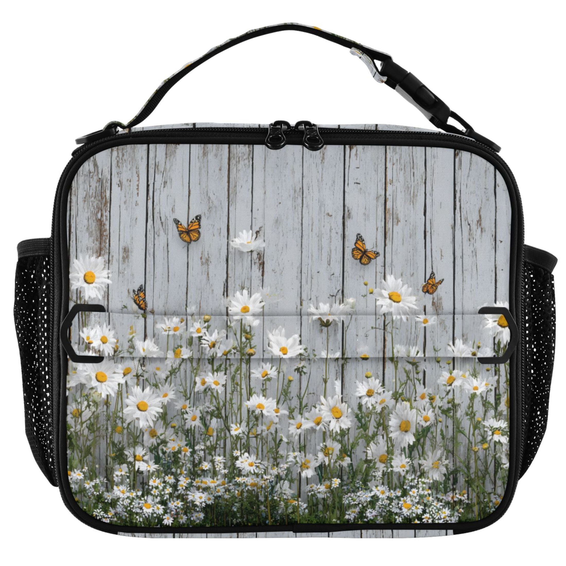 ALAZA Daisy Butterfly on Wood Insulated Lunch Box Lunch Bag Cooler Tote ...