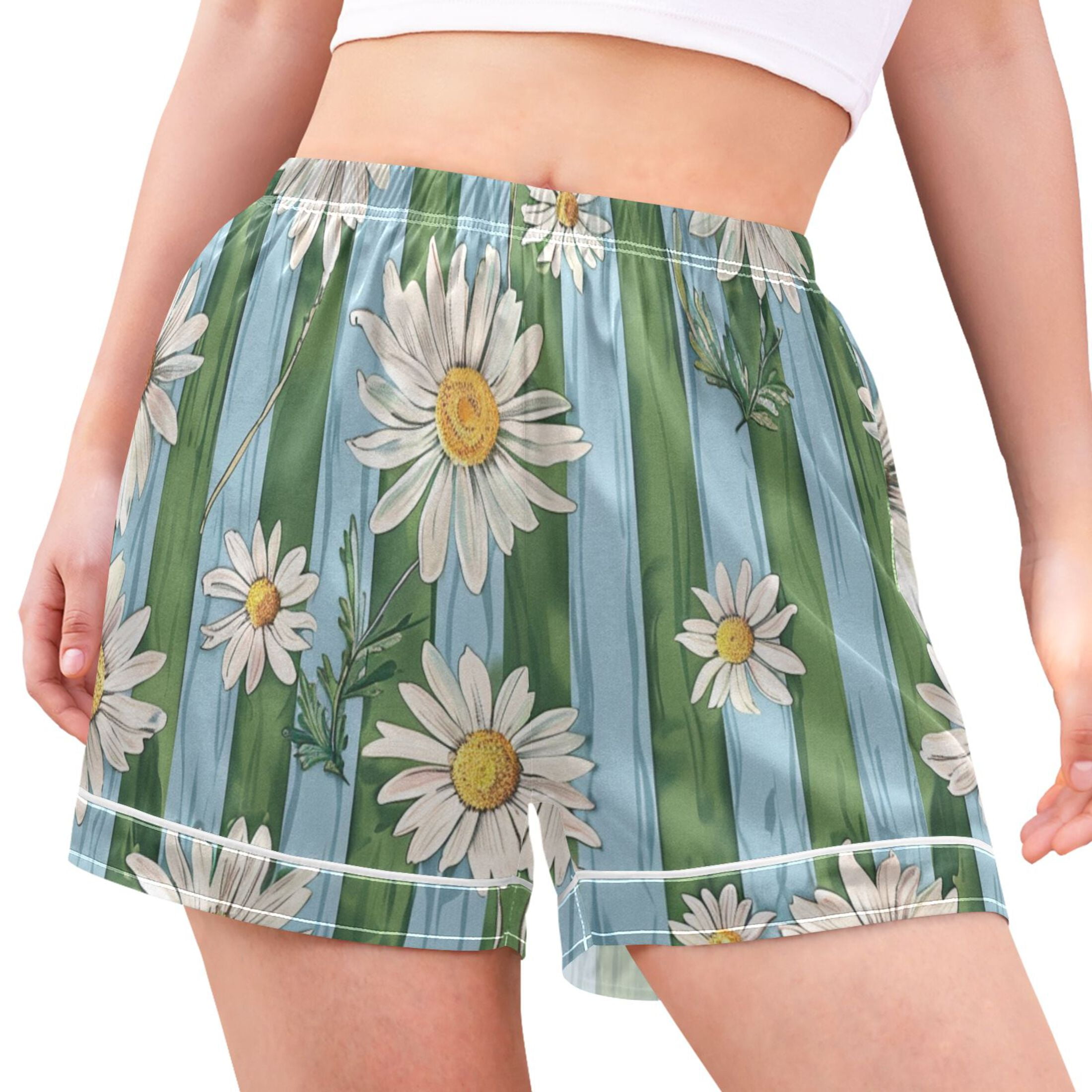 ALAZA Daisy Flowers on Stripe Wood Women's Pajama Lounge Shorts Bottoms ...