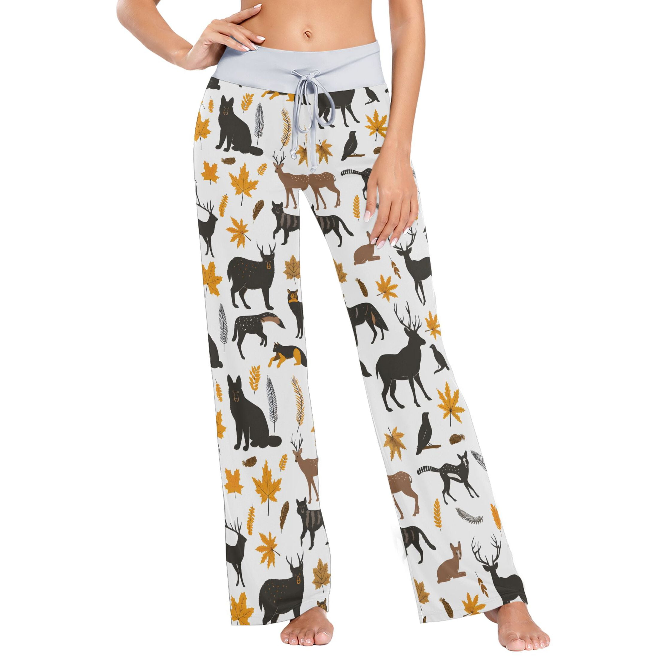 ALAZA Deers Leopards Leaves Women's Comfy Pajama Pants Sleepwear Wide ...