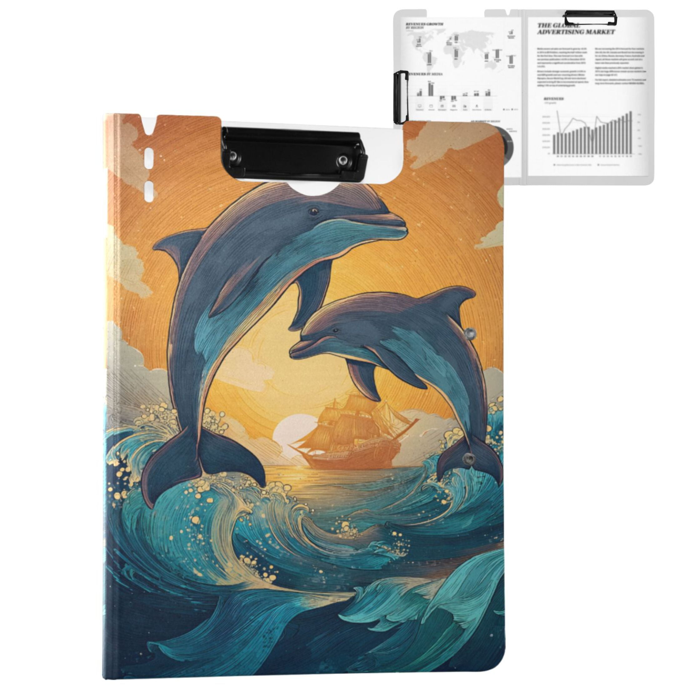 ALAZA Dolphins at Sunset Sea A4 Foldable Clipboard 360 Degree Folder ...