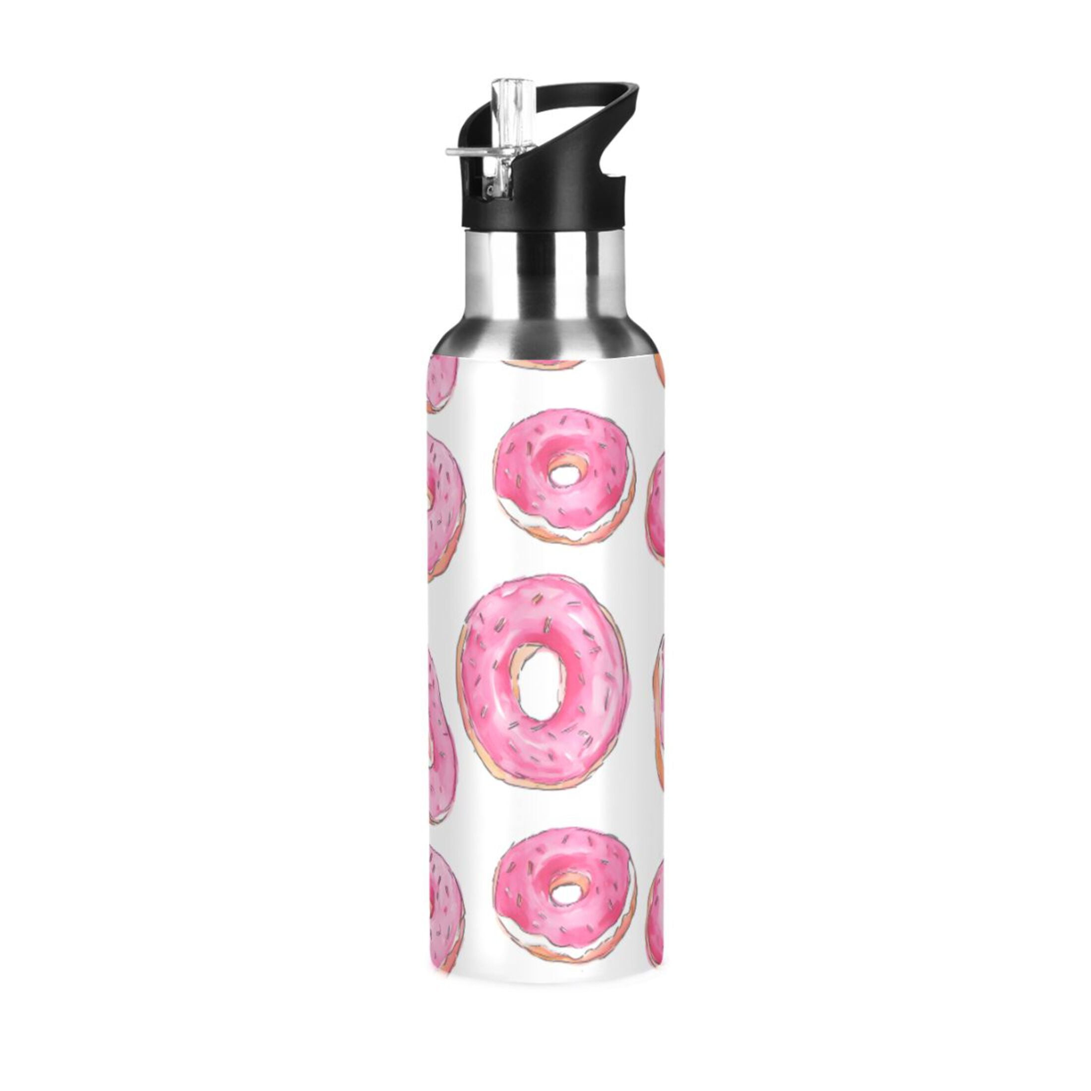ALAZA Donut Pattern Water Bottle Insulated Flask Stainless Steel Straw ...