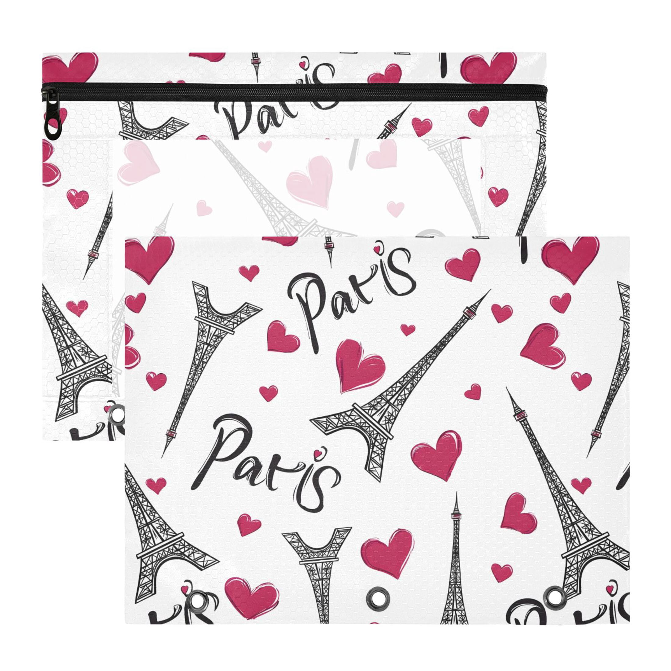 ALAZA Eiffel Tower and Hearts Pattern Pencil Pouch 3 Ring Binder with ...