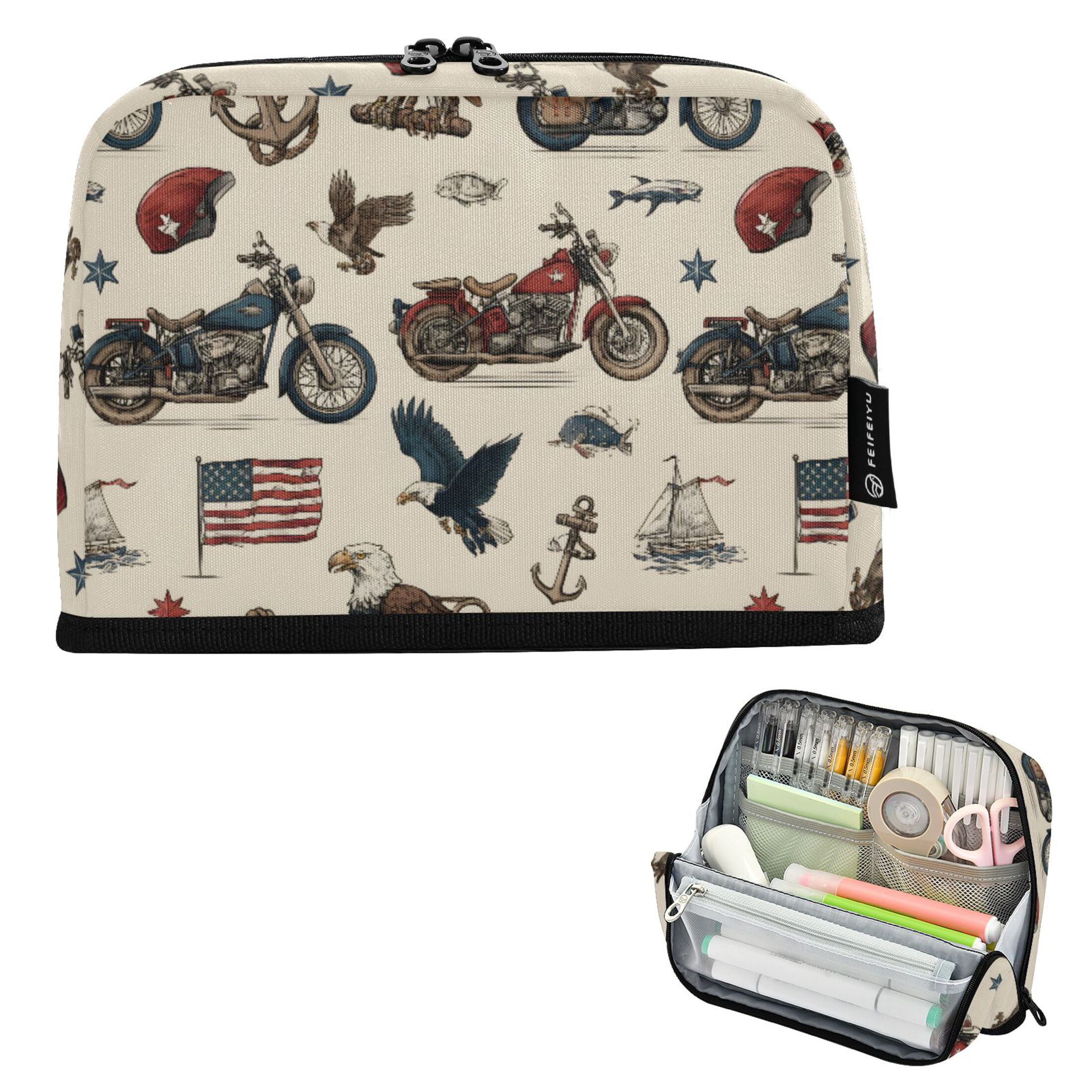 ALAZA Flag Eagle Motorcycles Anchors Pencil Case Pen Pouch Bag Large ...