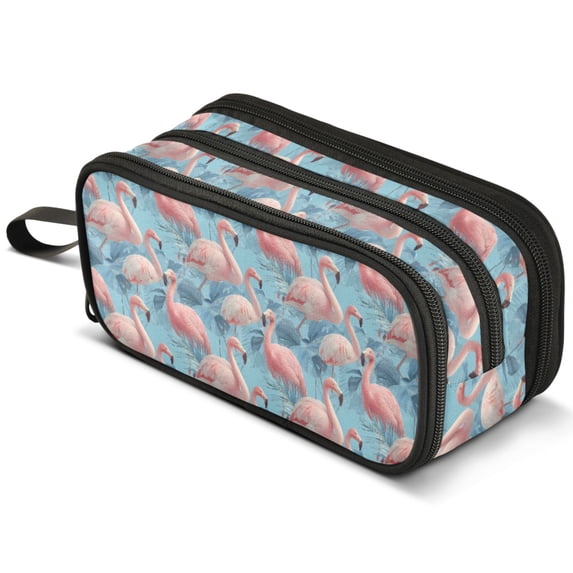ALAZA Flamingo on Blue Leave Pencil Case Bag Large 3 Compartment Pen ...