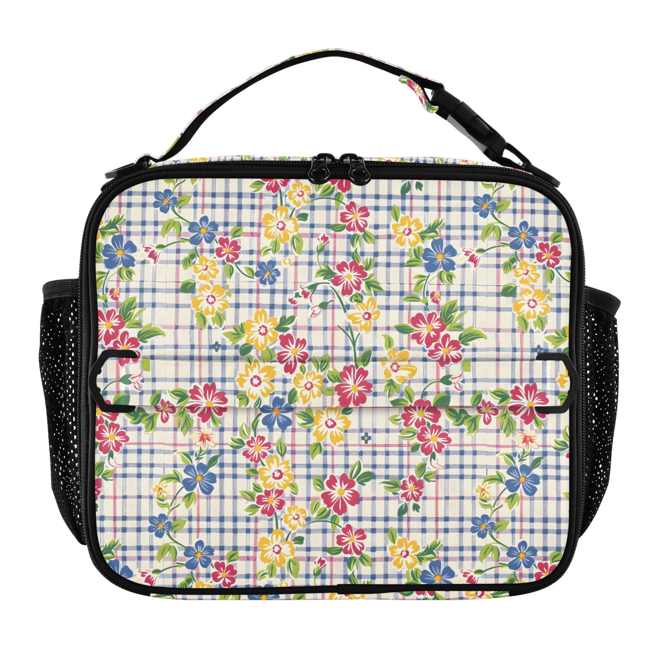 ALAZA Flower on Checkered Grid Lunch Box Insulated Lunch Bag Cooler ...