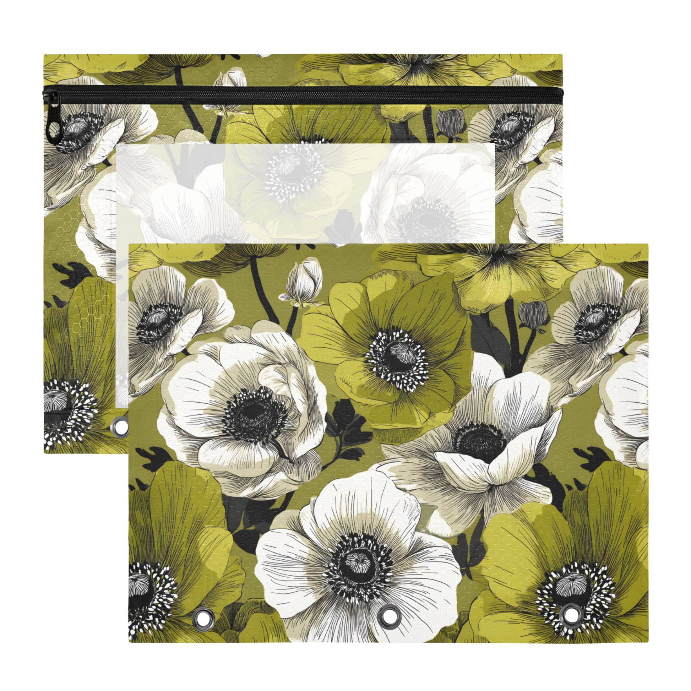 ALAZA Flowers Green Pattern Pencil Pouch 3 Ring Binder with Clear ...