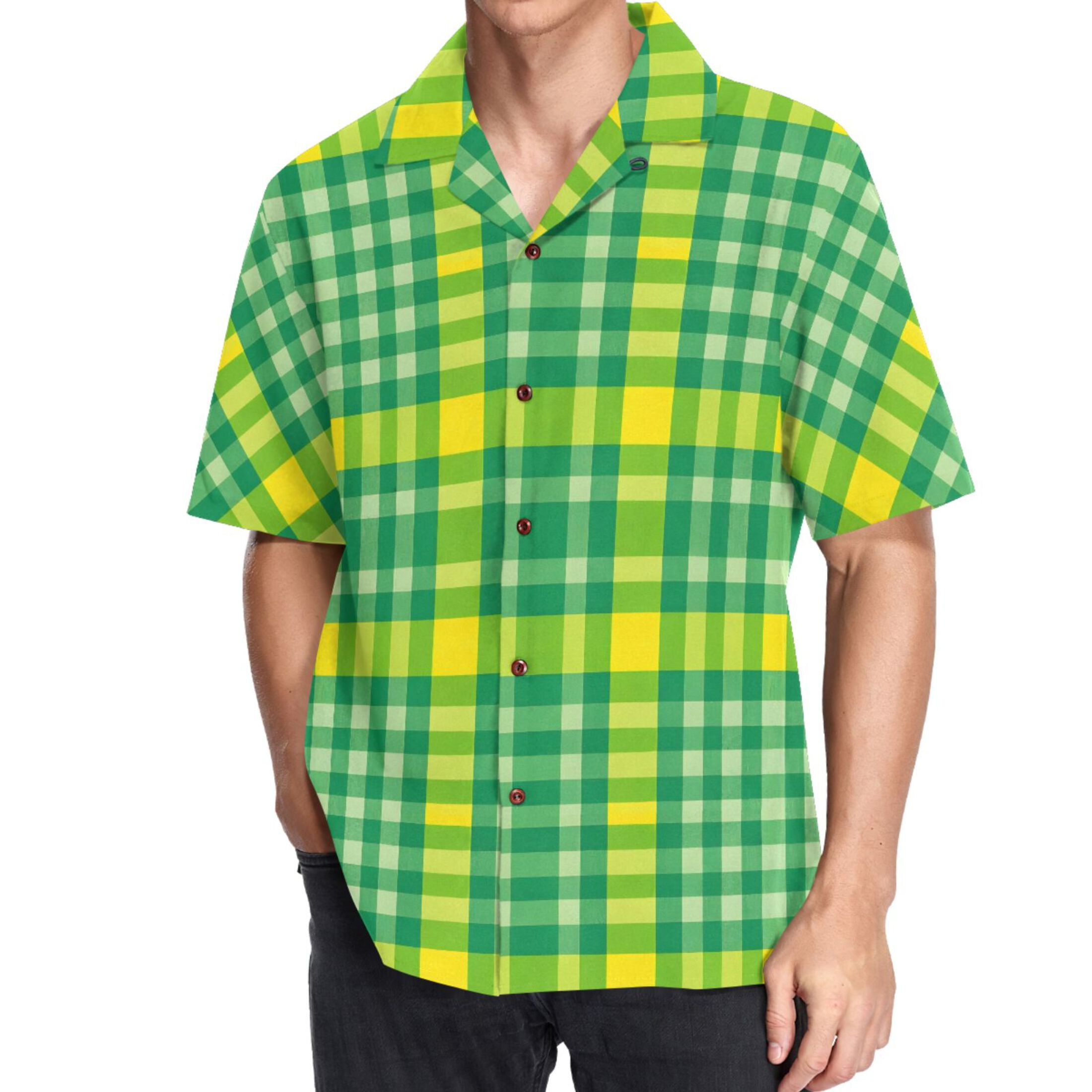 ALAZA Green Yellow Checkered Men's Hawaiian Shirt Short Sleeve Casual ...