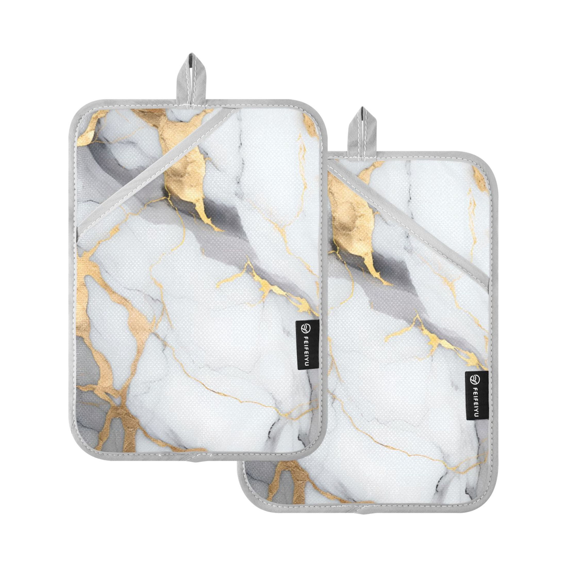 ALAZA Grey and Gold Marble Pot Holders Set of 2 Heat Resistant Kitchen ...
