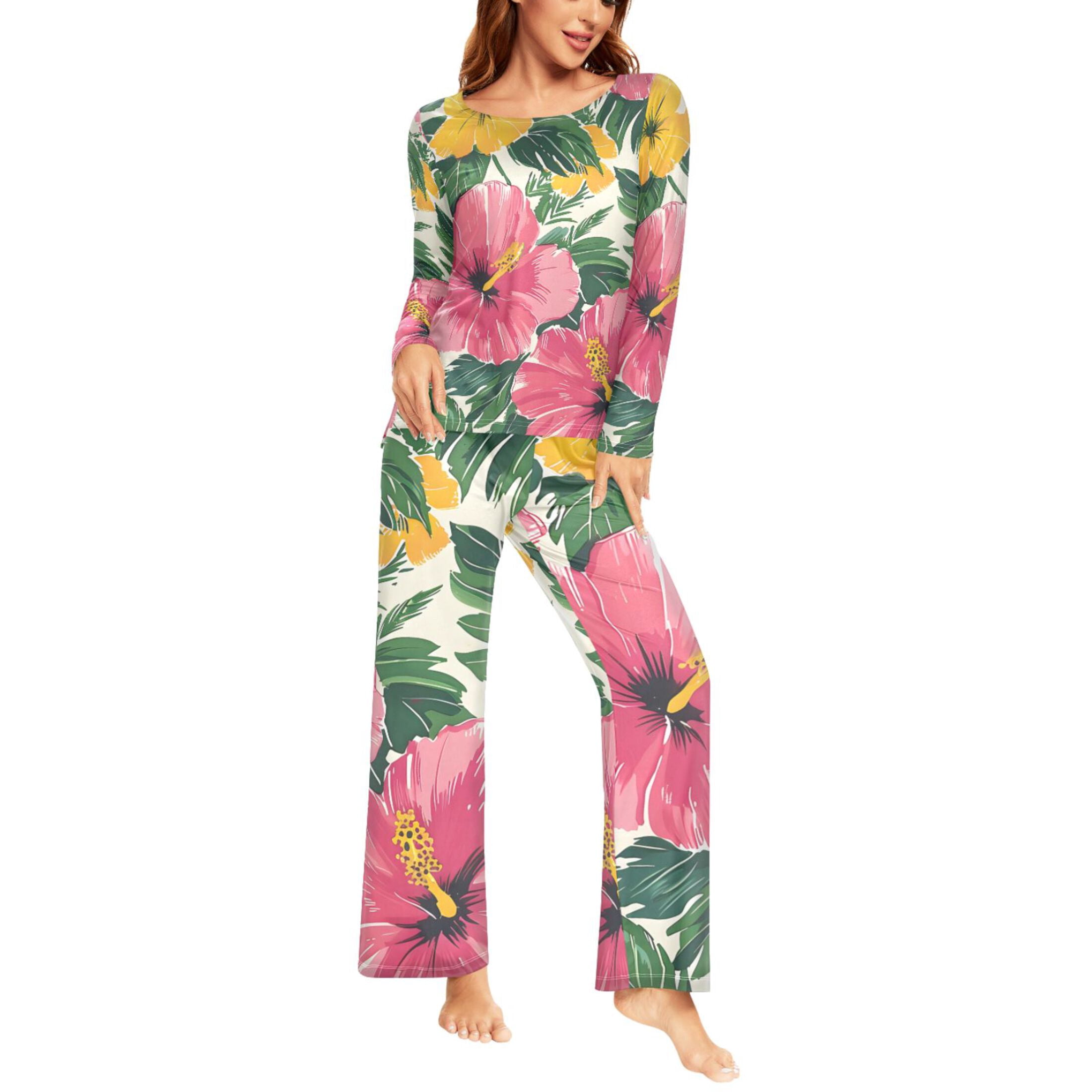ALAZA Hibiscus Flower Leaf Women's 2 Piece Long Sleeve Sleepwear Soft ...