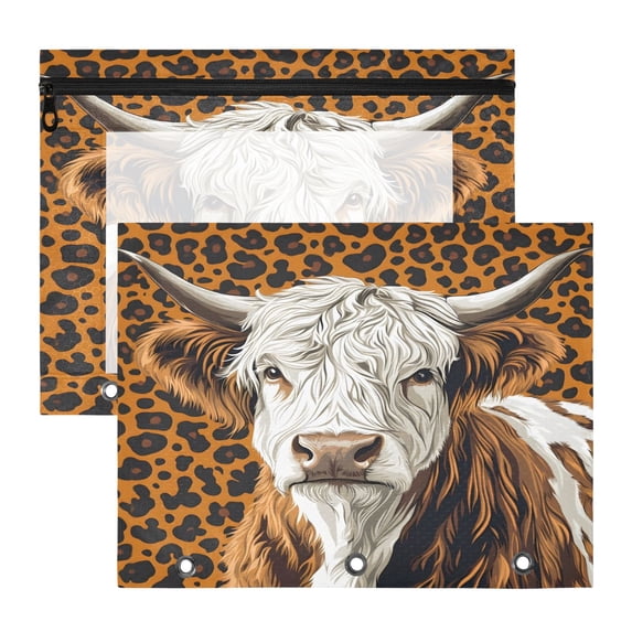 ALAZA Highland Cattles on Leopard2 Pattern Pencil Pouch 3 Ring Binder ...