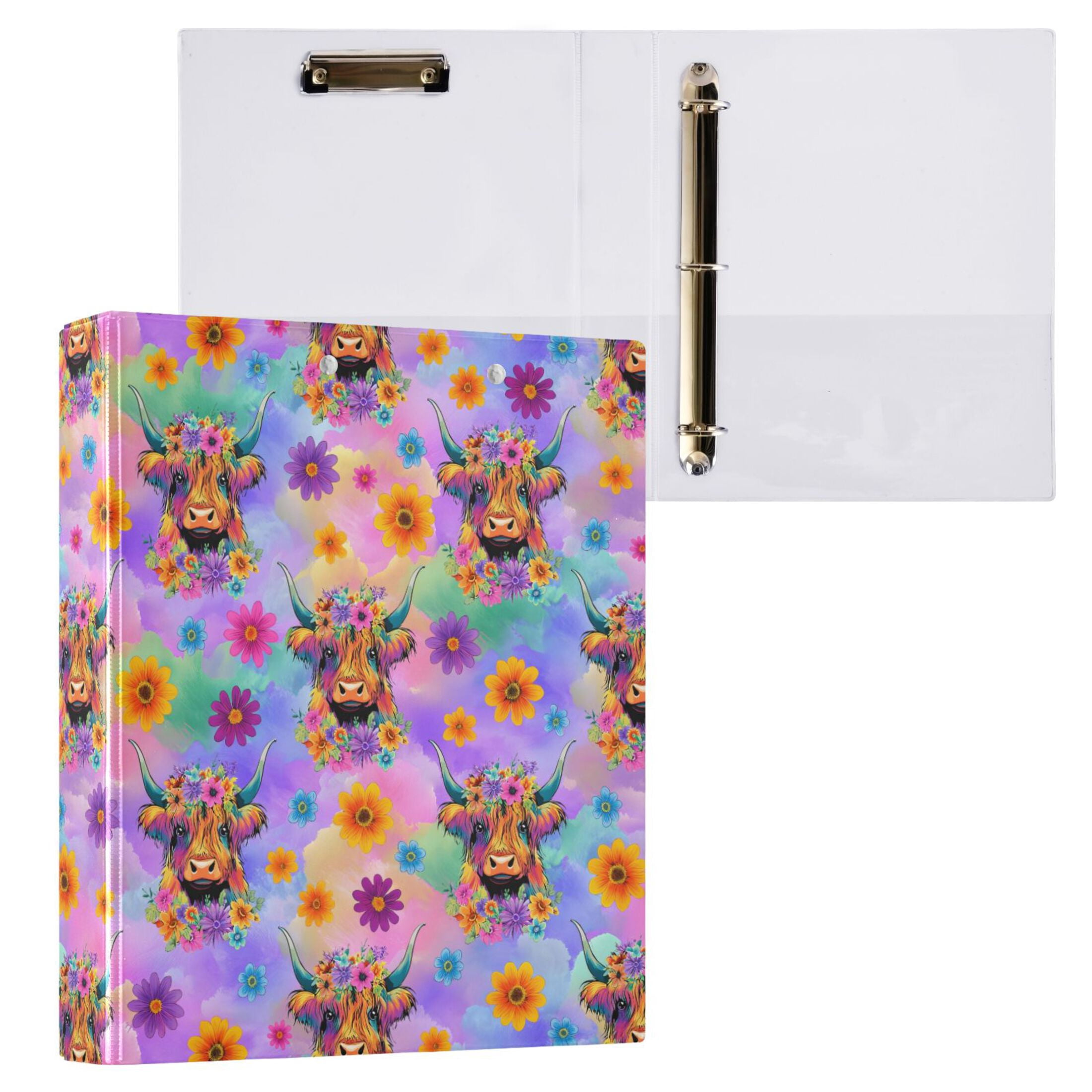 ALAZA Highland Cow Floral Gradient Hardcover 3 Ring Binder 1.5" D-Rings ...