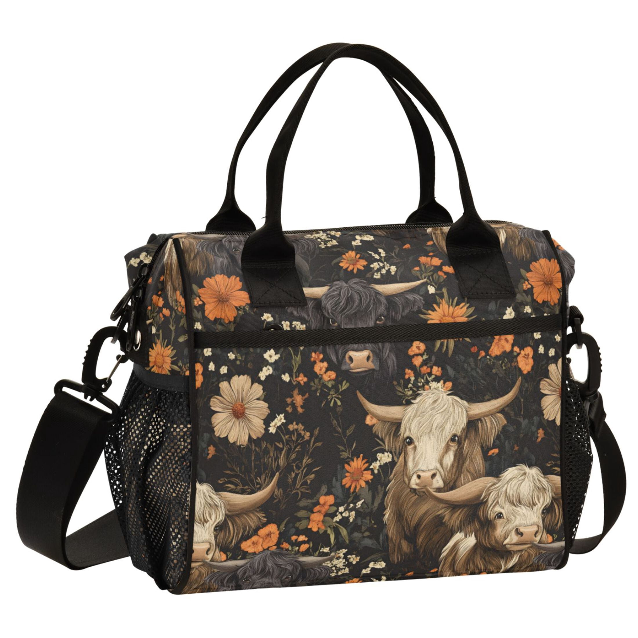 ALAZA Highland Cows Flower Print Cooler Lunch Bag Insulated Reusable ...