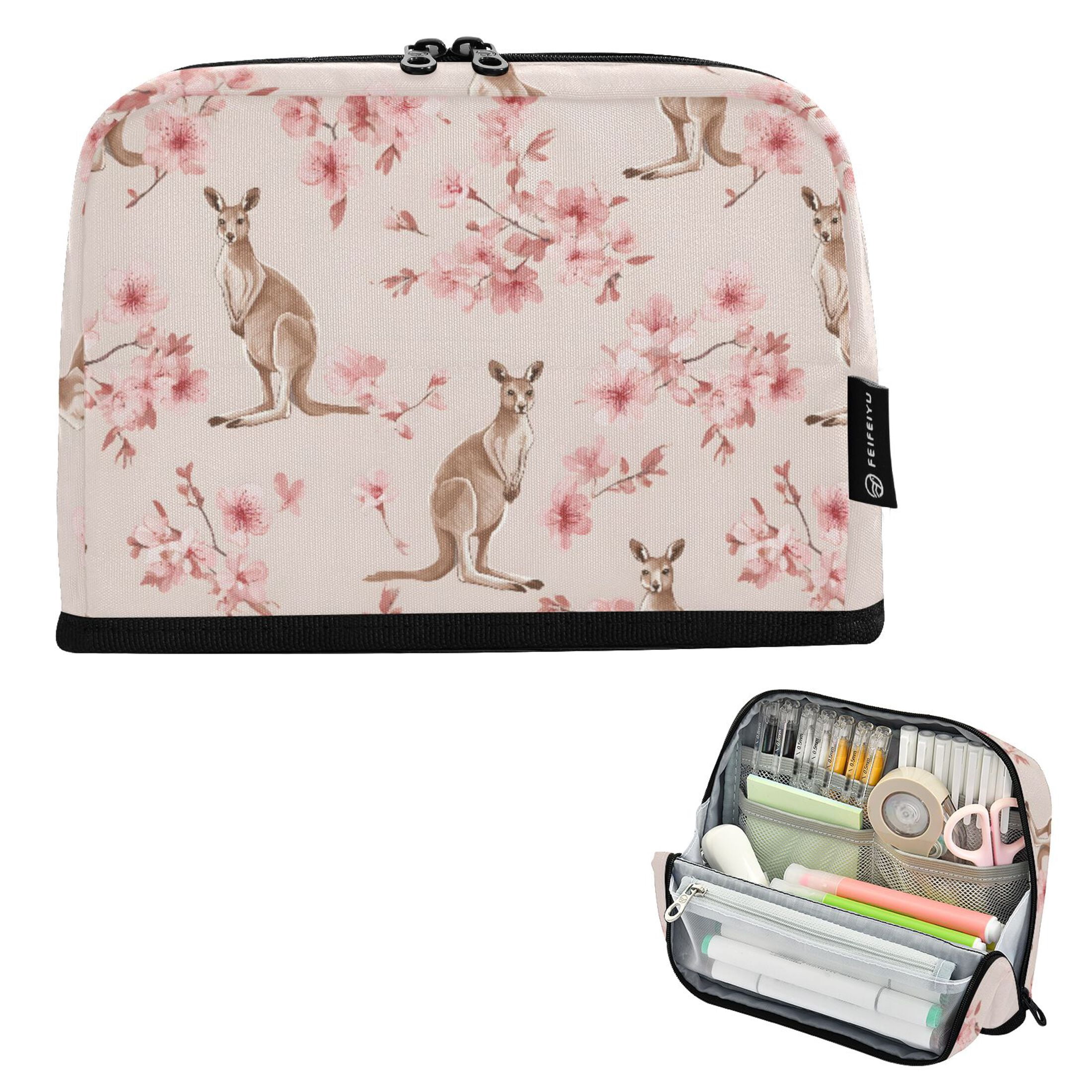 ALAZA Kangaroo Cherry Flower Pencil Case Pen Pouch Bag Large Capacity ...