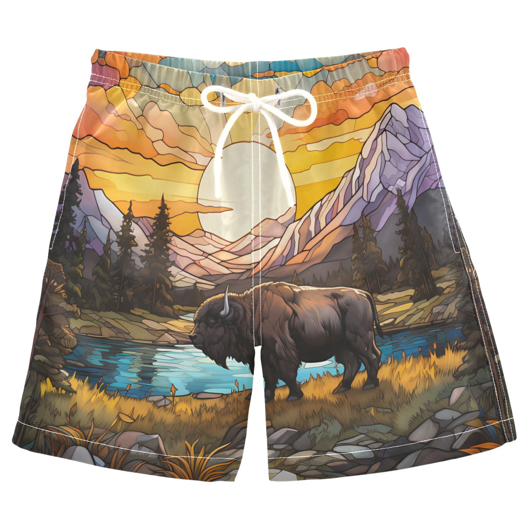 ALAZA Kids Boys Swim Trunks Cow and Sunset Landscape Beach Board Shorts ...