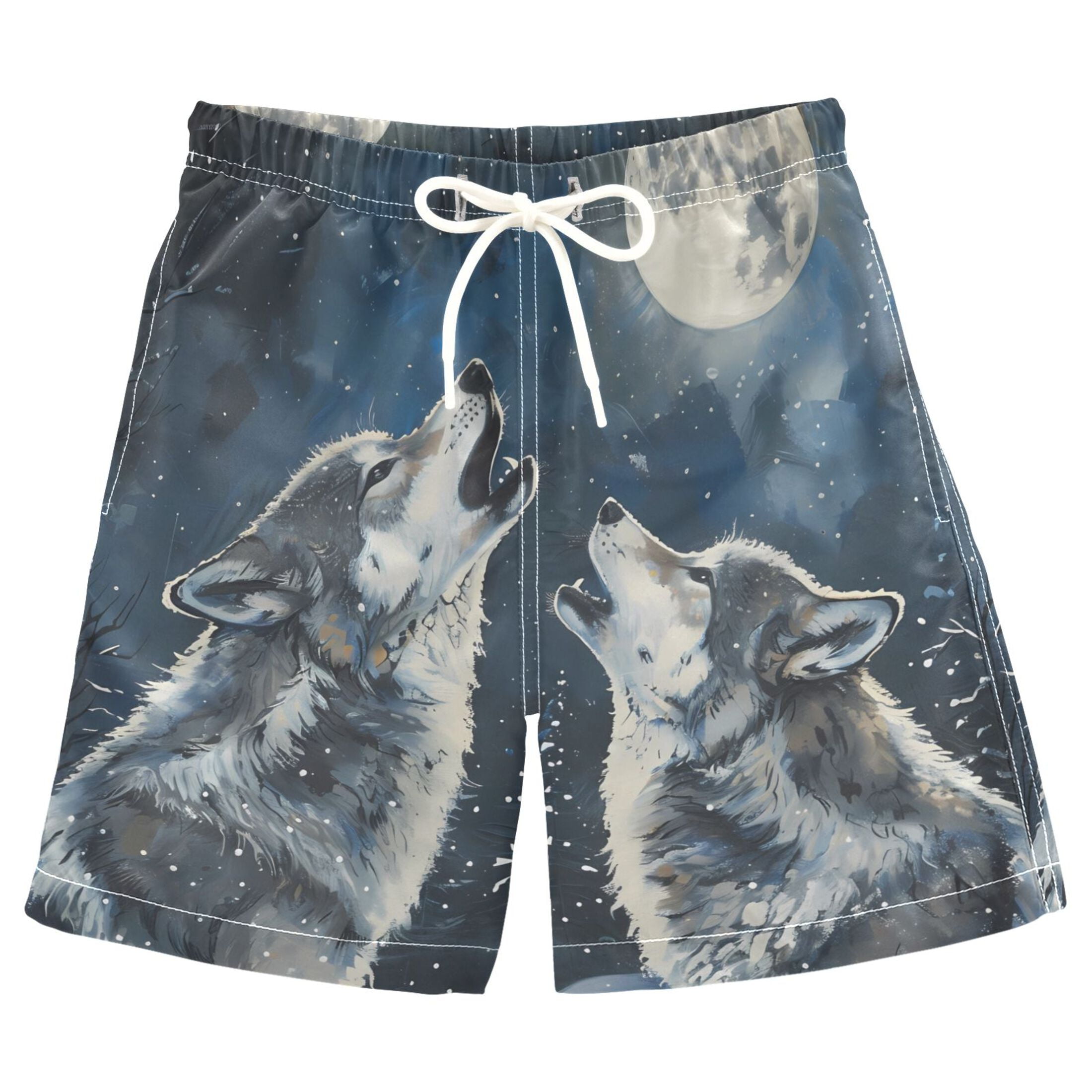 ALAZA Kids Boys Swim Trunks Wolf and Moon Beach Board Shorts Drawstring ...