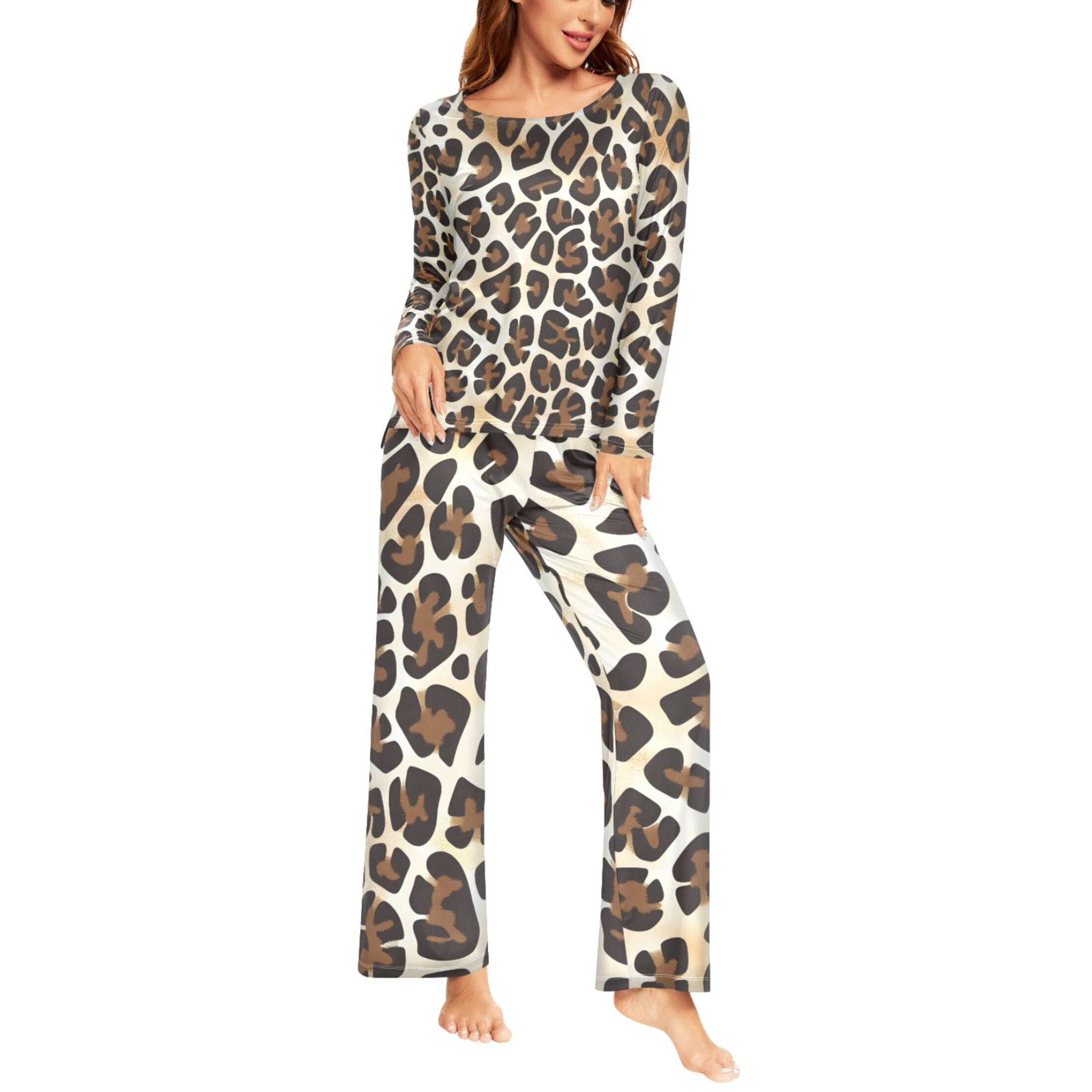 ALAZA Leopard Animal Skin Women's 2 Piece Long Sleeve Sleepwear Soft ...