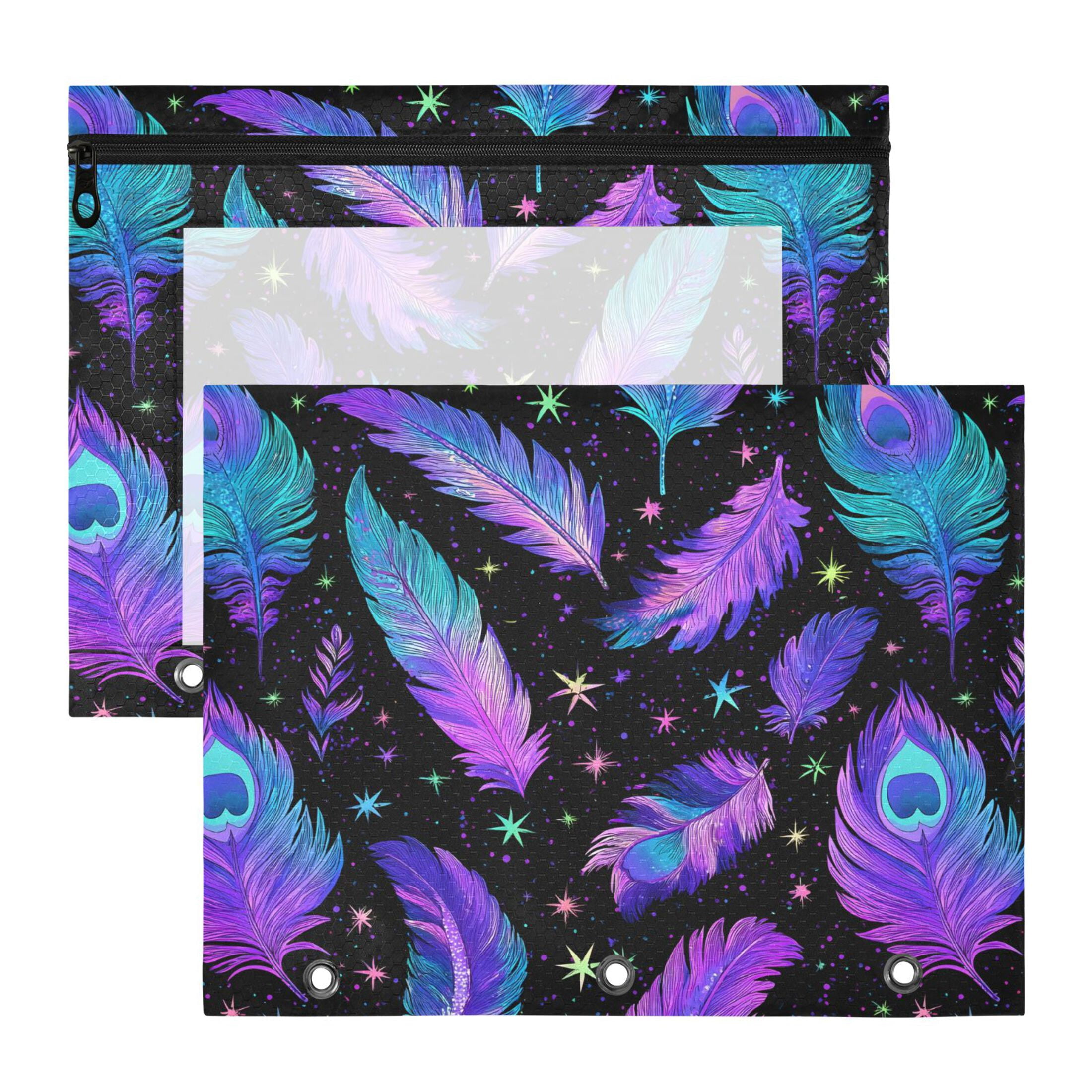ALAZA Magic Feathers Pattern Pencil Pouch 3 Ring Binder with Clear ...