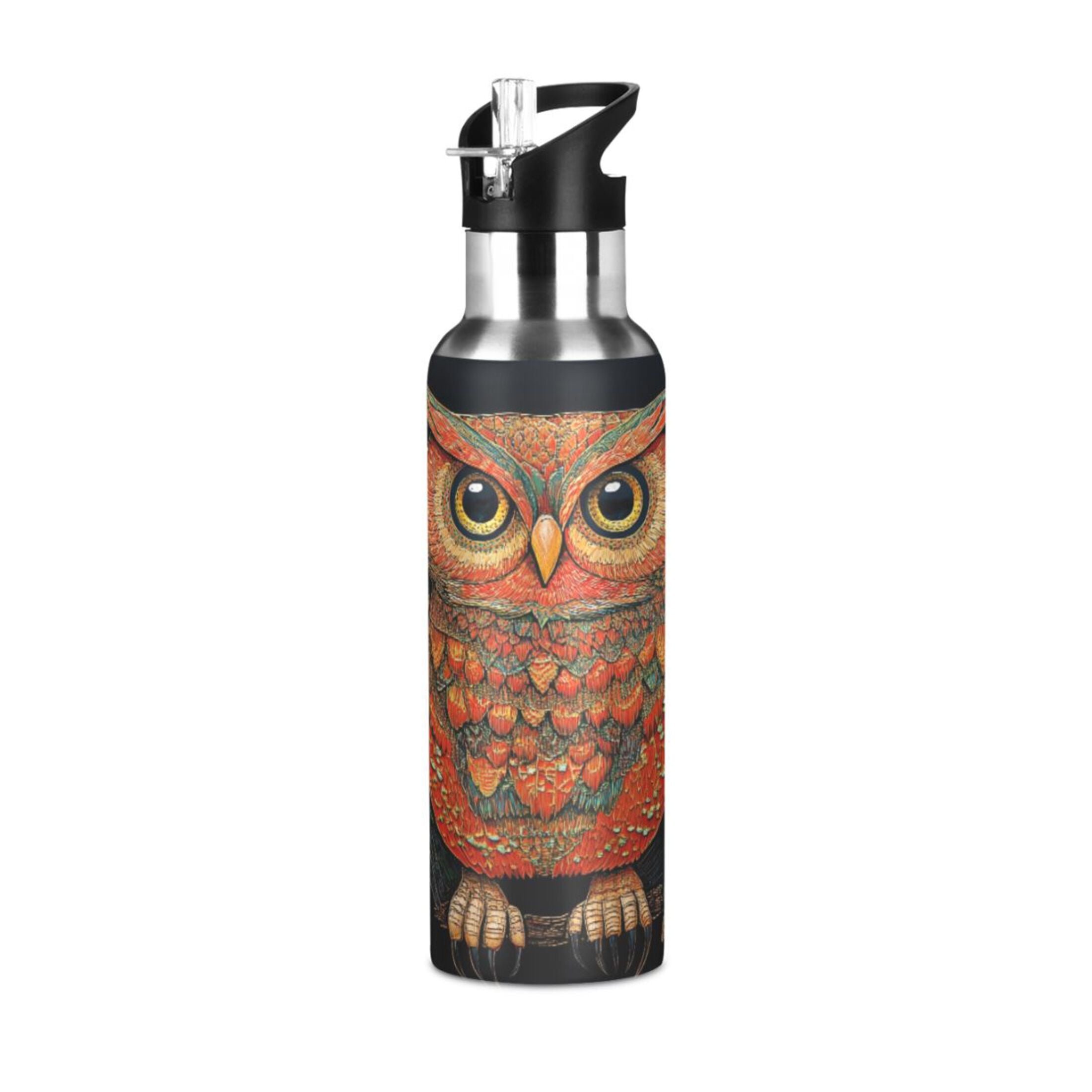 ALAZA Mandala Owl Water Bottle Insulated Flask Stainless Steel Straw ...
