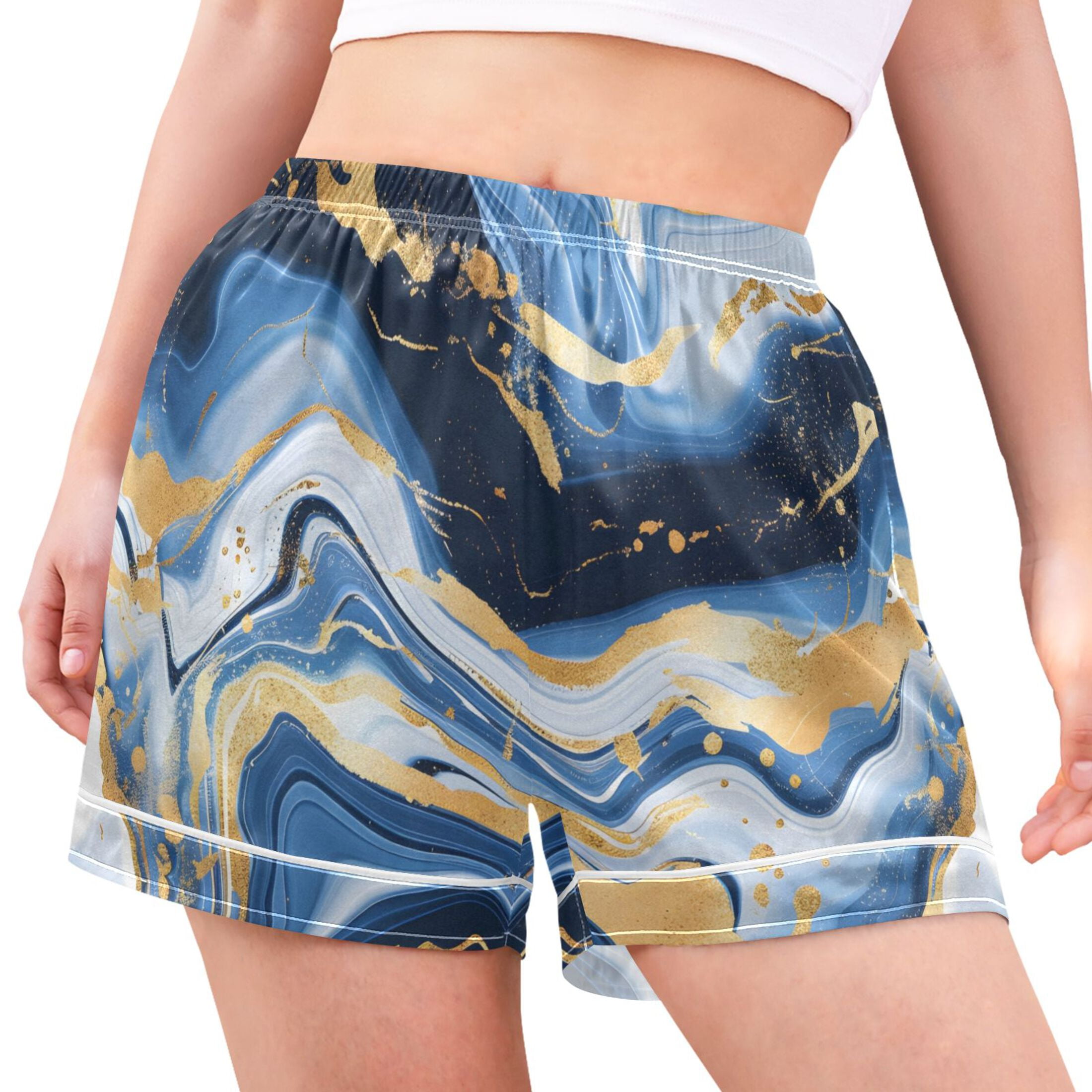 ALAZA Marble Blue Gold White Abstract Women's Pajama Lounge Shorts ...