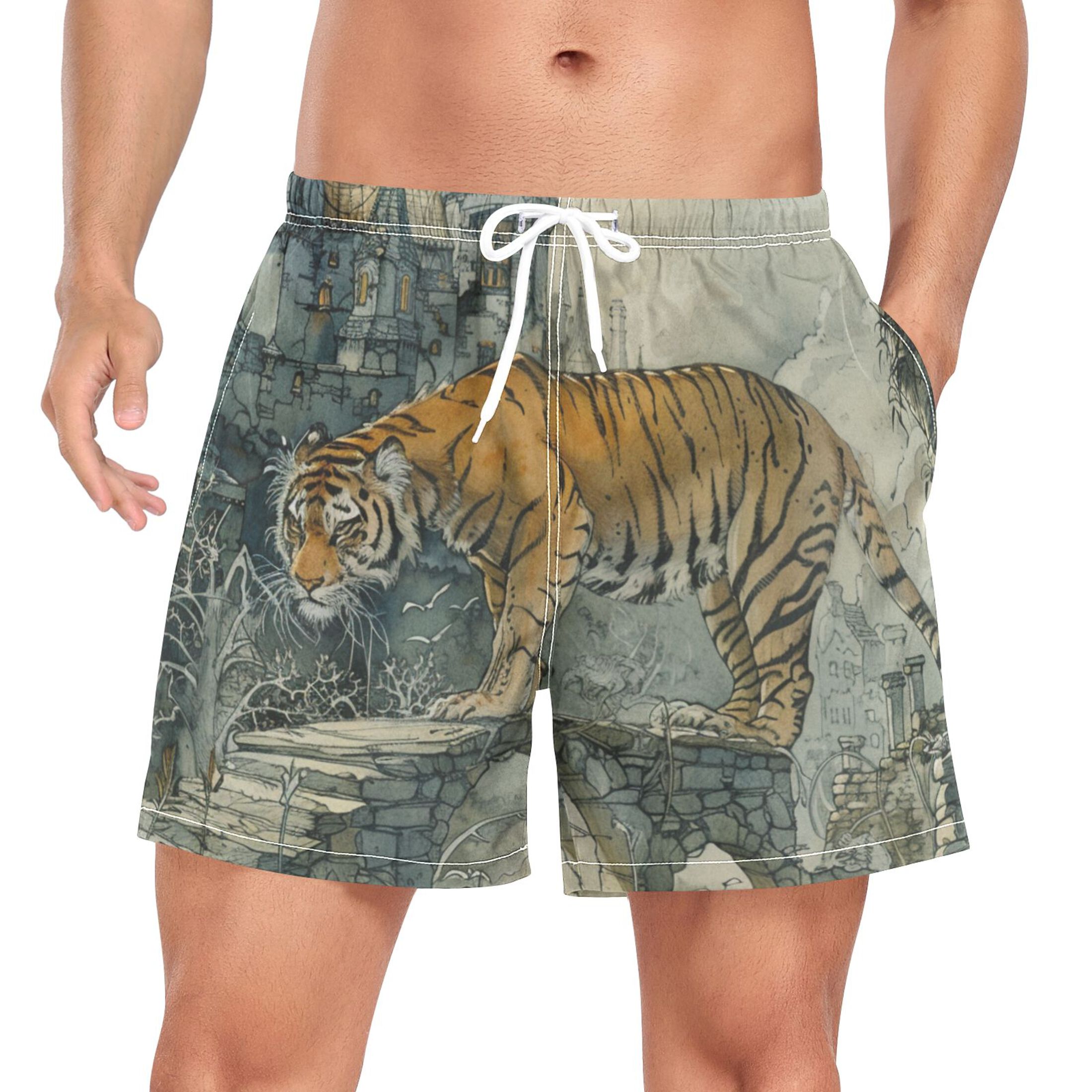 ALAZA Men's Swim Trunks Beach Shorts A Tiger on Bridge Lightweight ...
