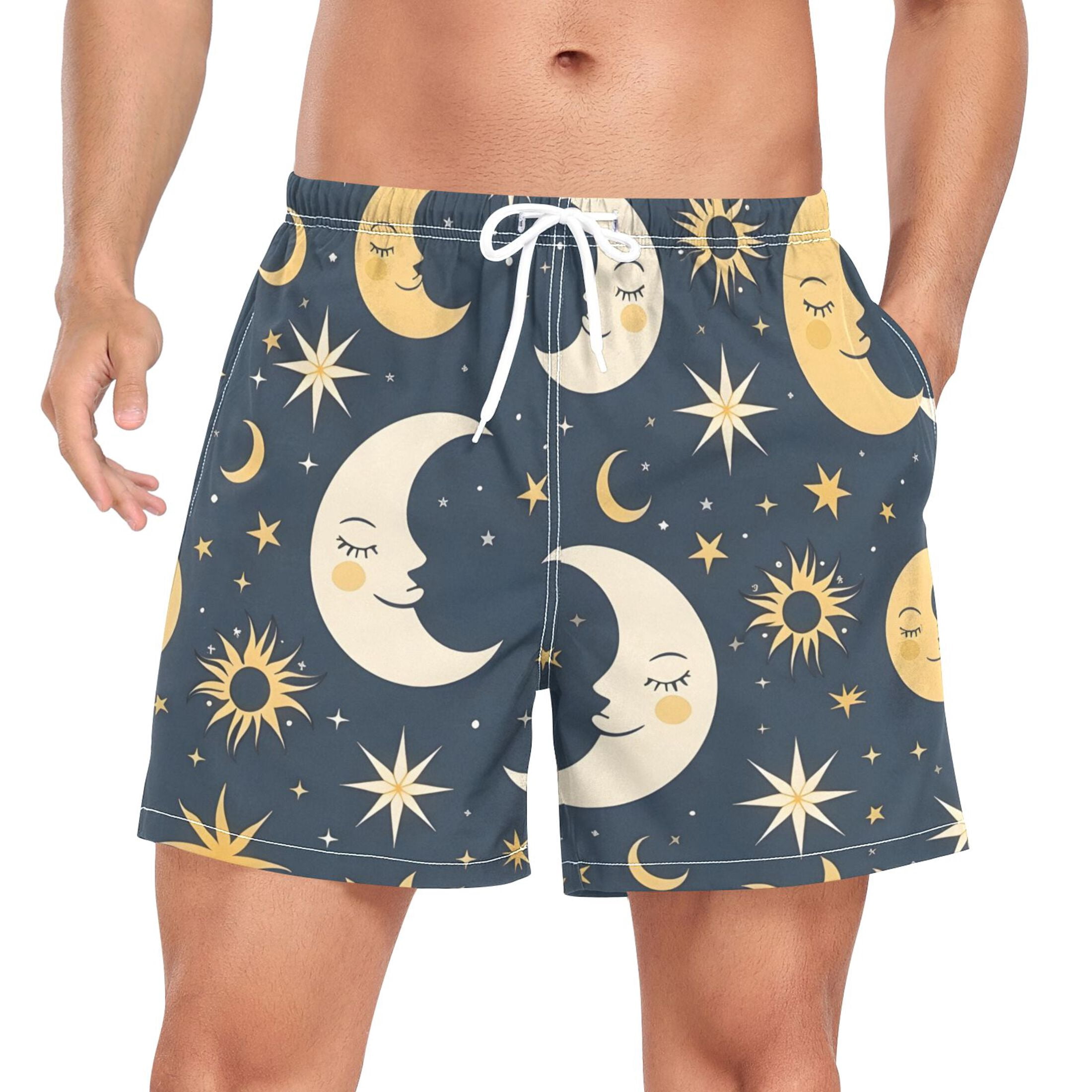 ALAZA Men's Swim Trunks Beach Shorts Boho Sun Moon and Star Lightweight ...