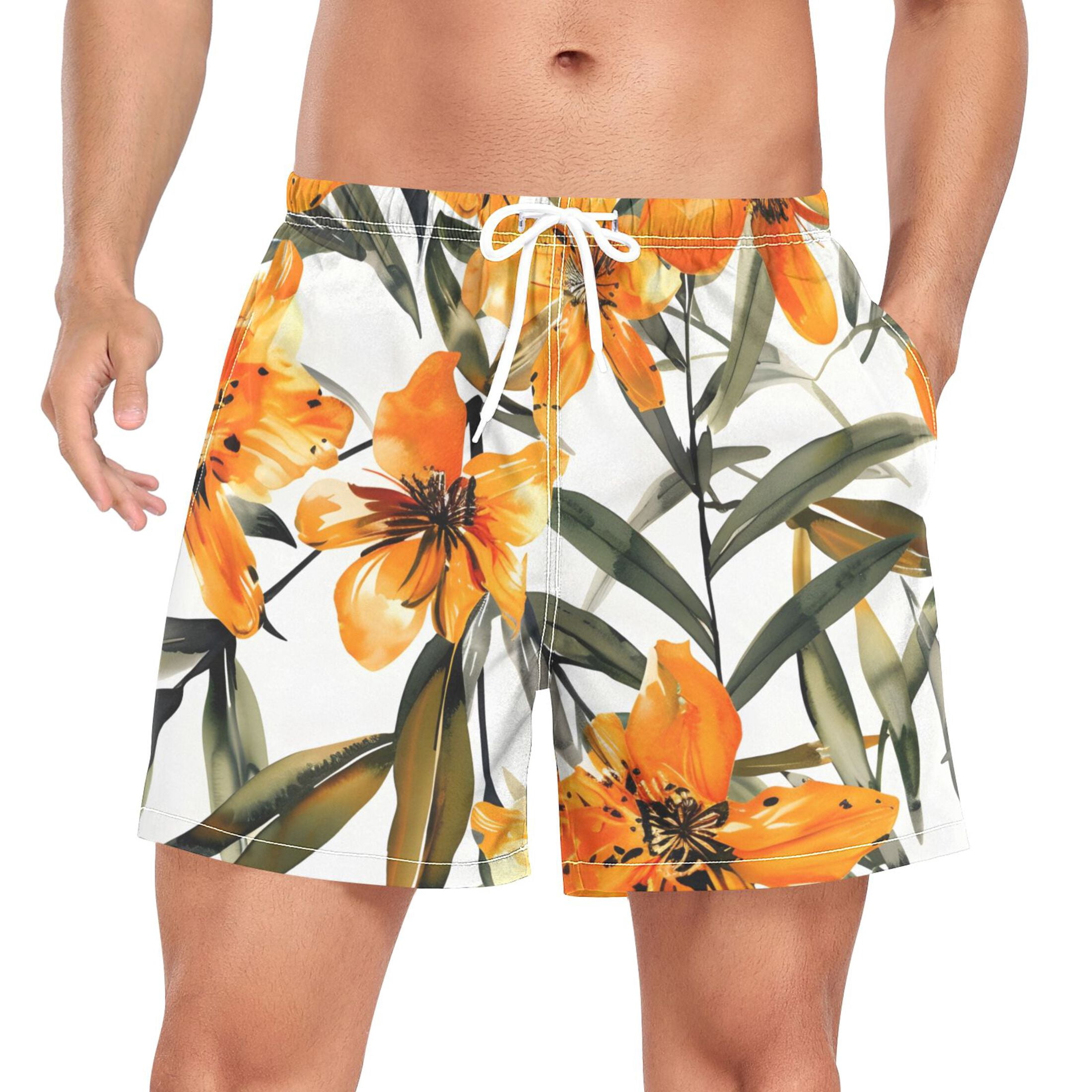 ALAZA Men's Swim Trunks Beach Shorts Botanical Flower Leaves ...