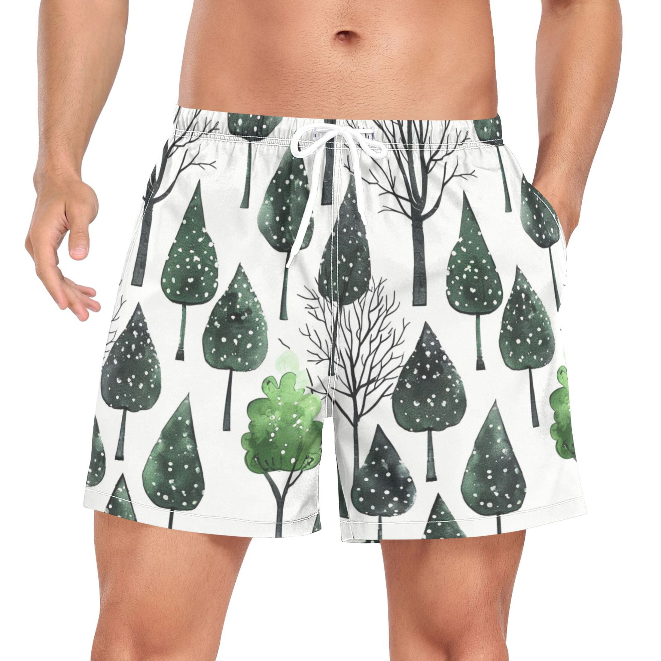 ALAZA Men's Swim Trunks Beach Shorts Christmas Trees with Snow ...