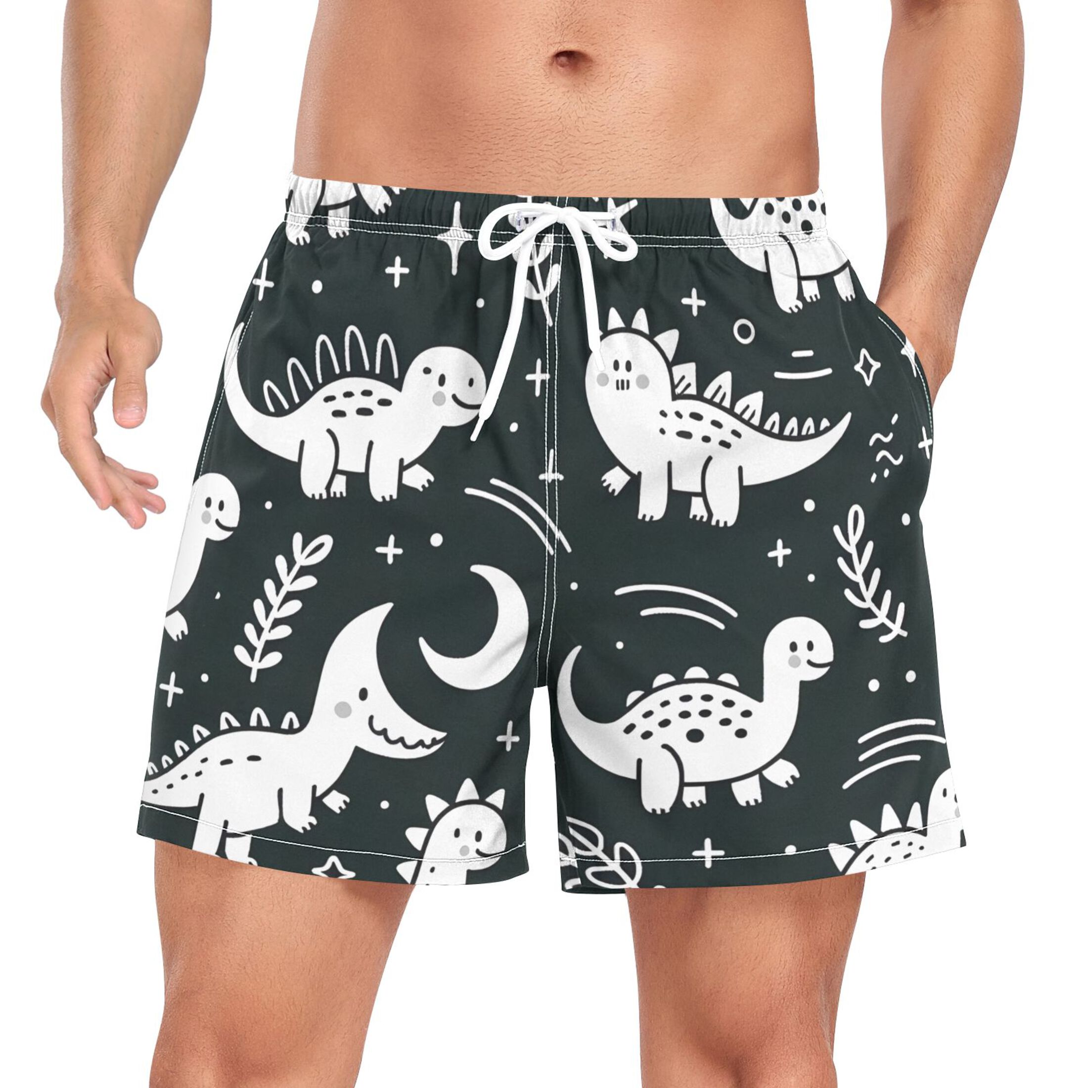 ALAZA Men's Swim Trunks Beach Shorts Cute Dinosaur with Moon ...