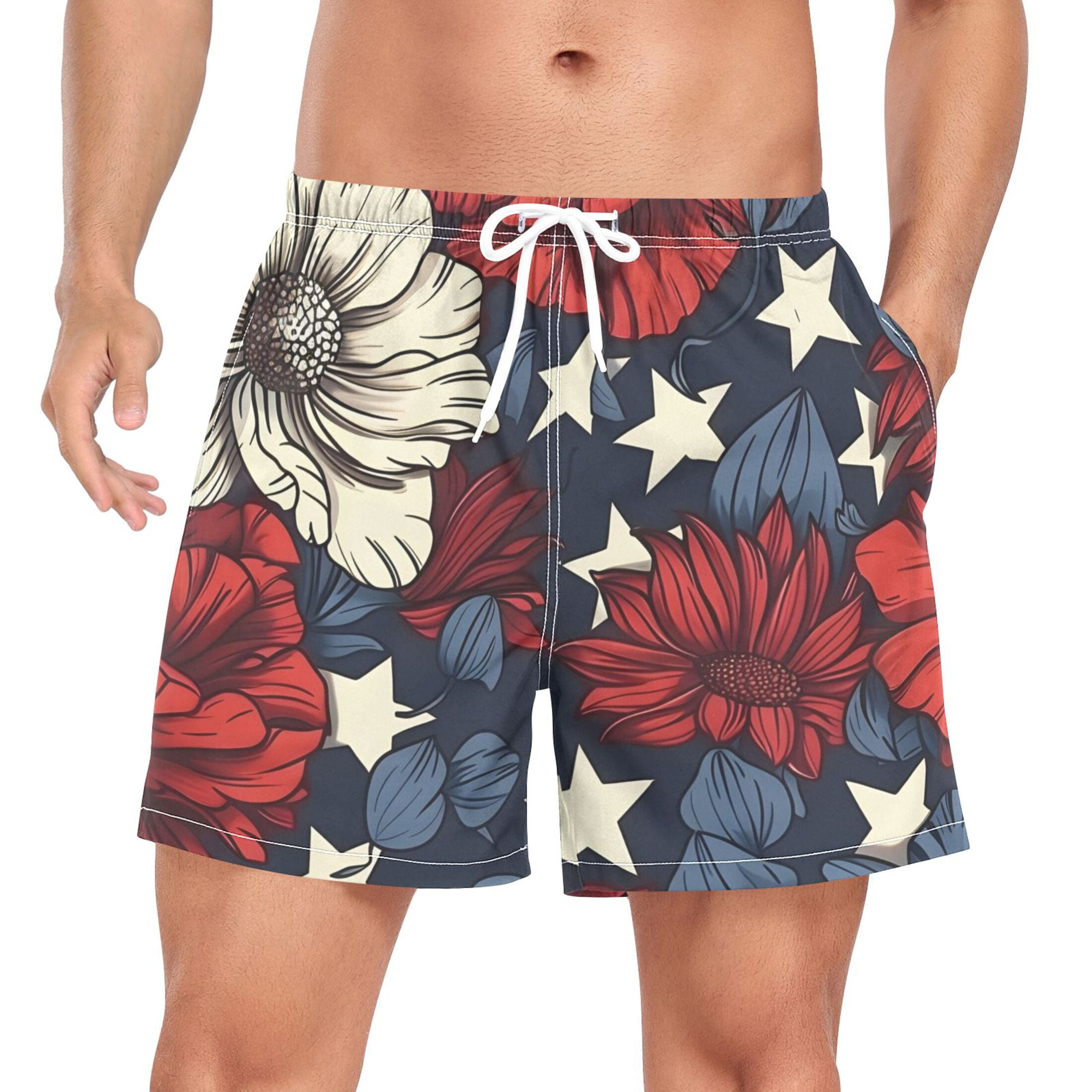 ALAZA Men's Swim Trunks Beach Shorts Floral and Stars Lightweight ...
