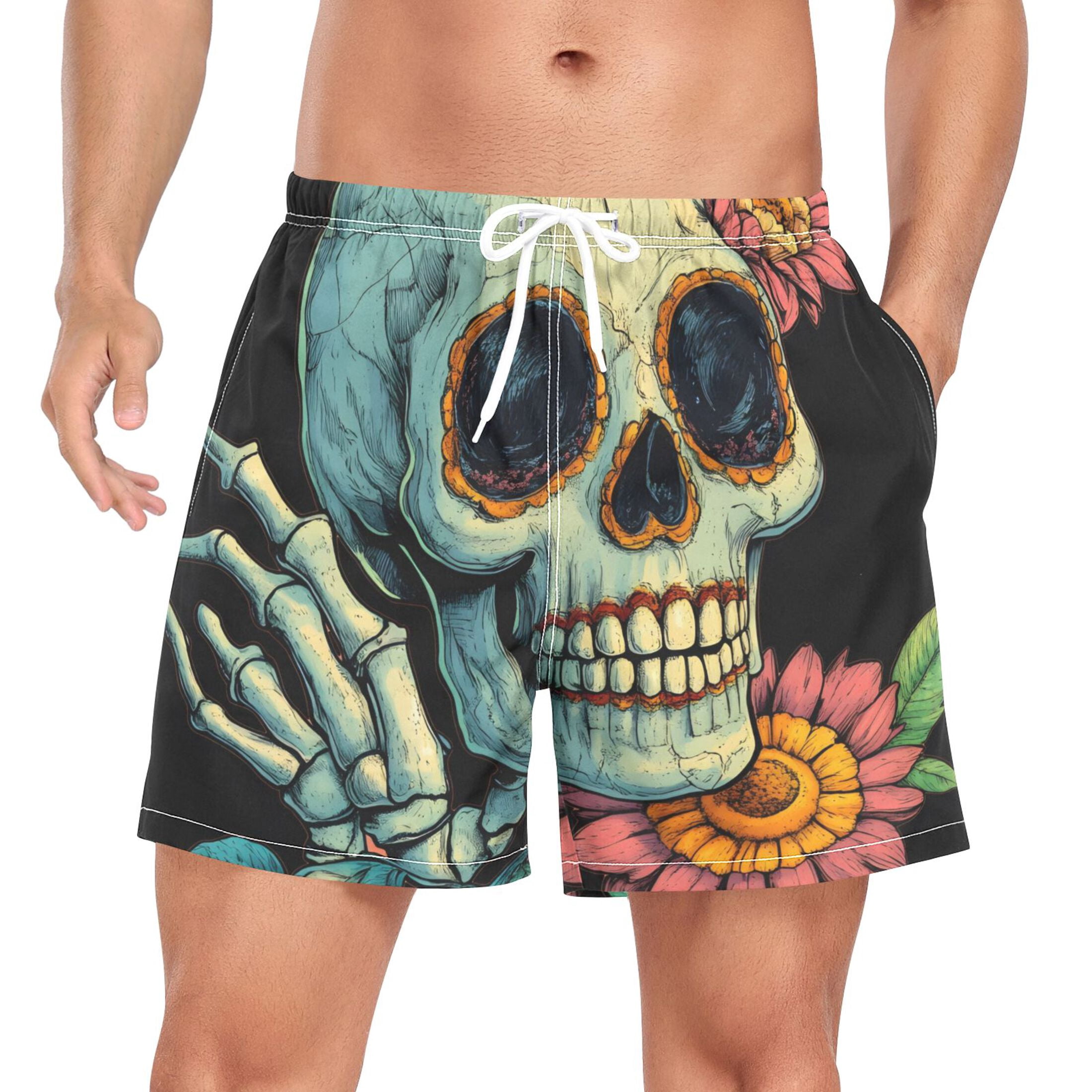 ALAZA Men's Swim Trunks Beach Shorts Funny Skeleton and Flowers ...