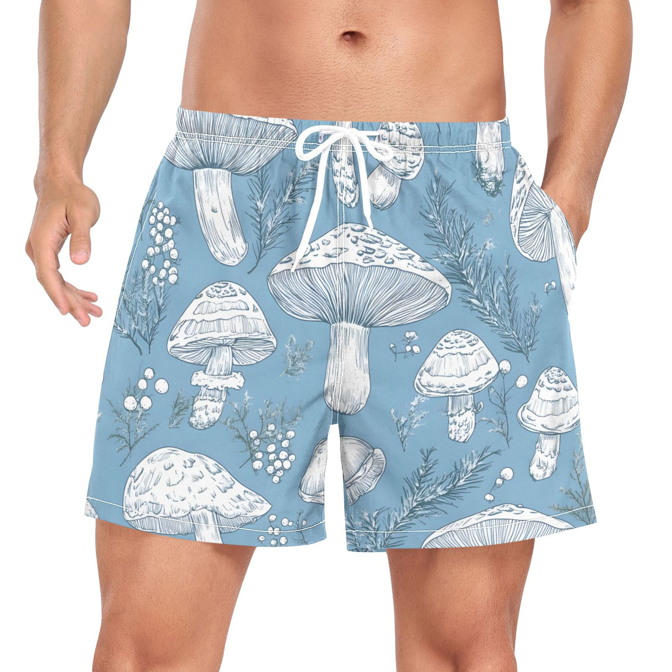 ALAZA Men's Swim Trunks Beach Shorts Mushrooms on Blue Lightweight ...