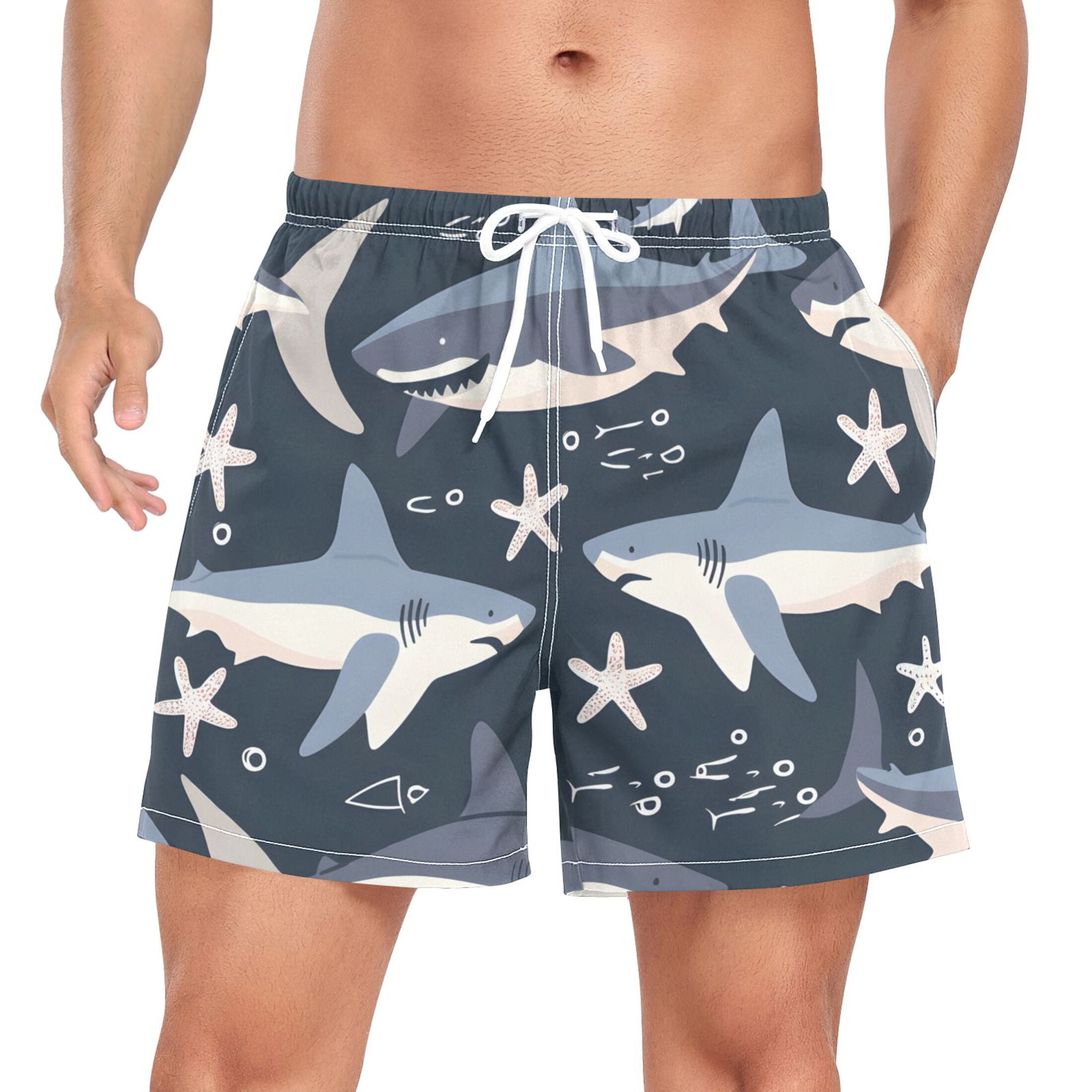 ALAZA Men's Swim Trunks Beach Shorts Sharks and Sea Stars Lightweight ...